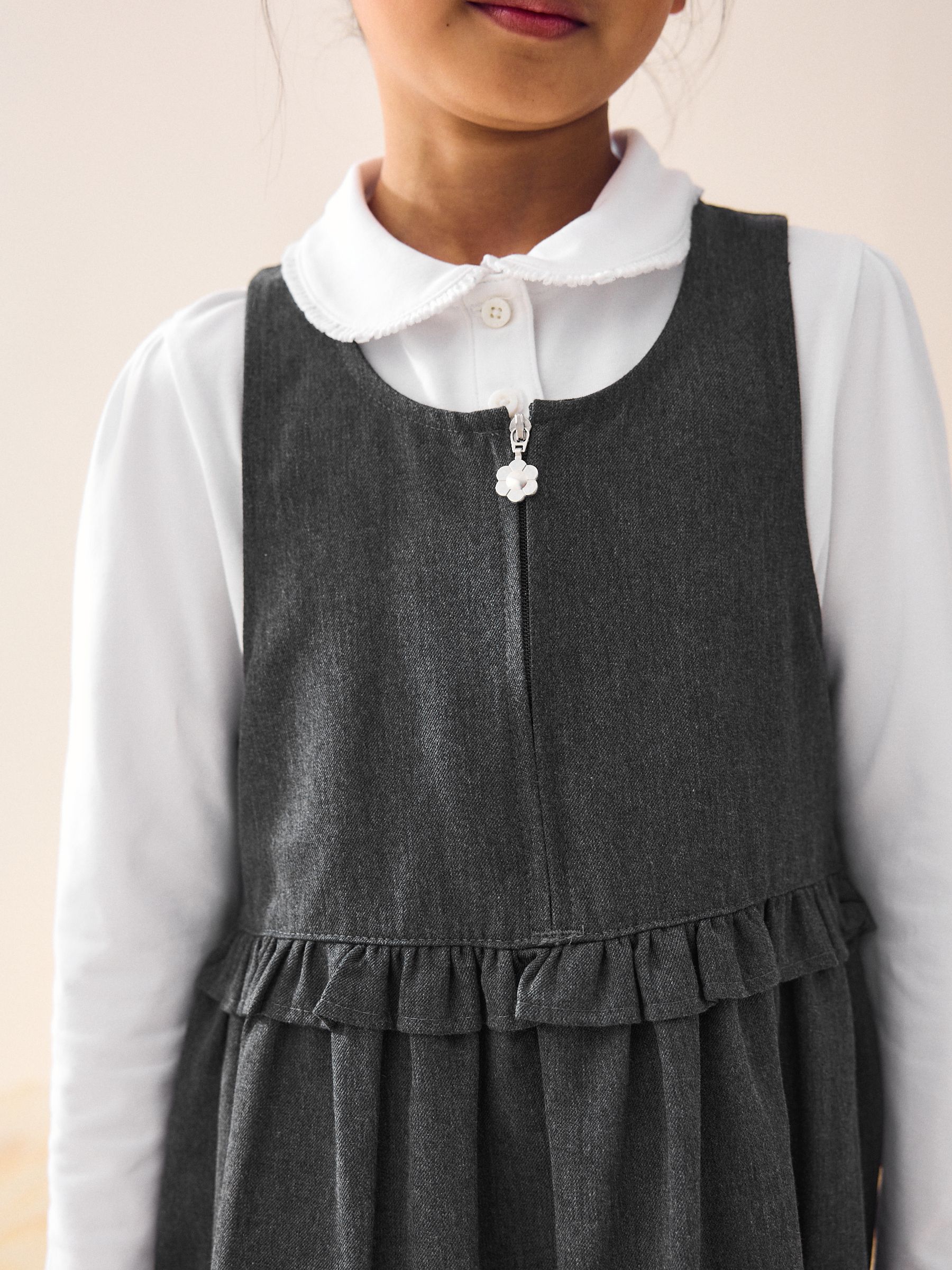 Buy Grey Zip Front Frill Waist School Pinafore Dress (3-14yrs) from the ...