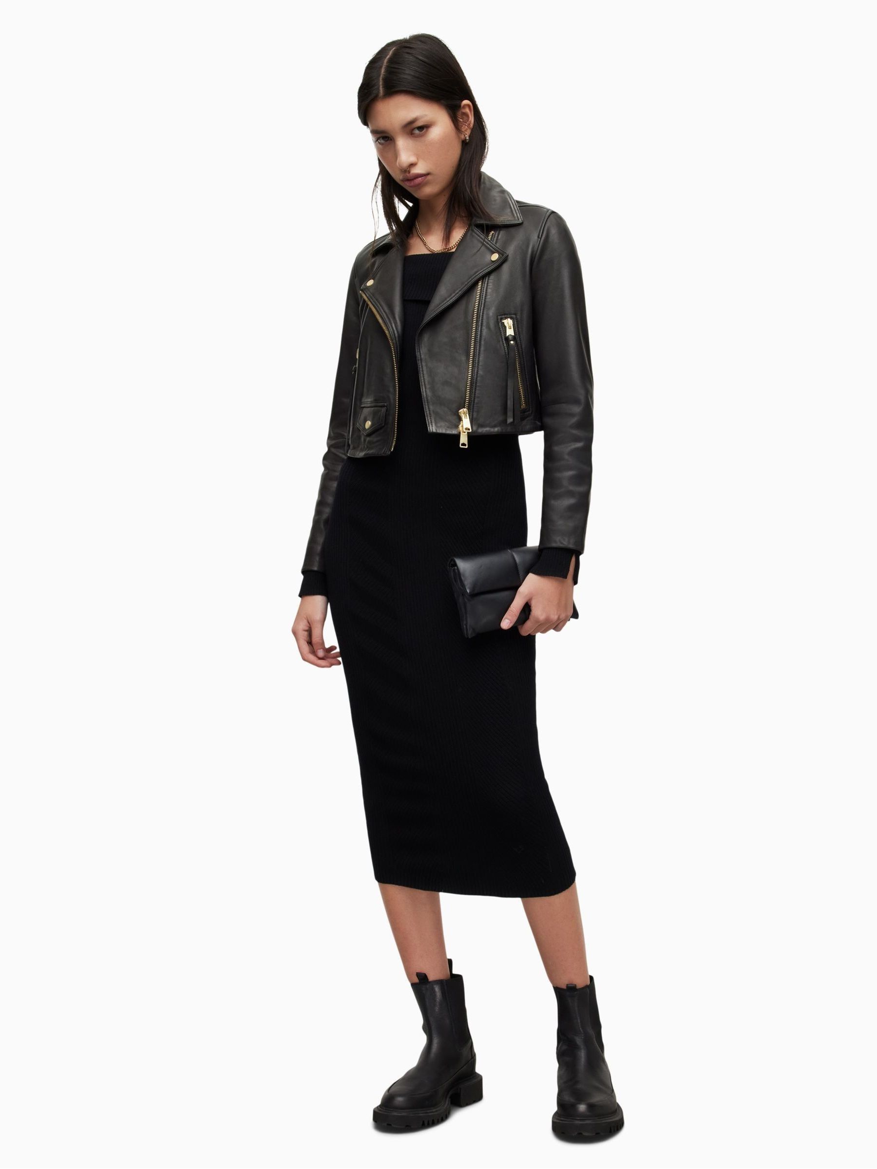 Buy AllSaints Black Elora Black Cropped Slim Leather Biker Jacket from ...