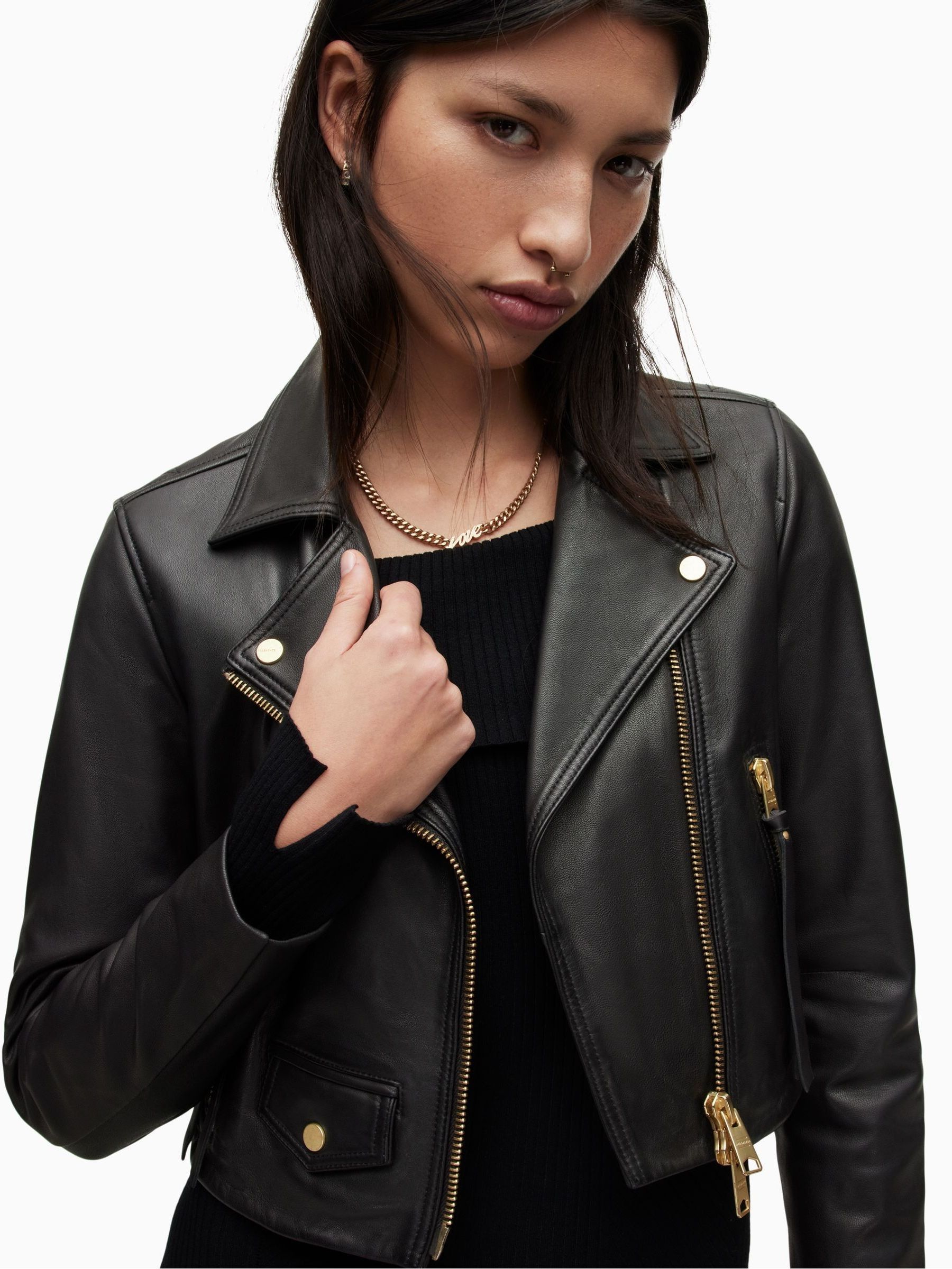 Buy AllSaints Black Elora Black Cropped Slim Leather Biker Jacket from ...