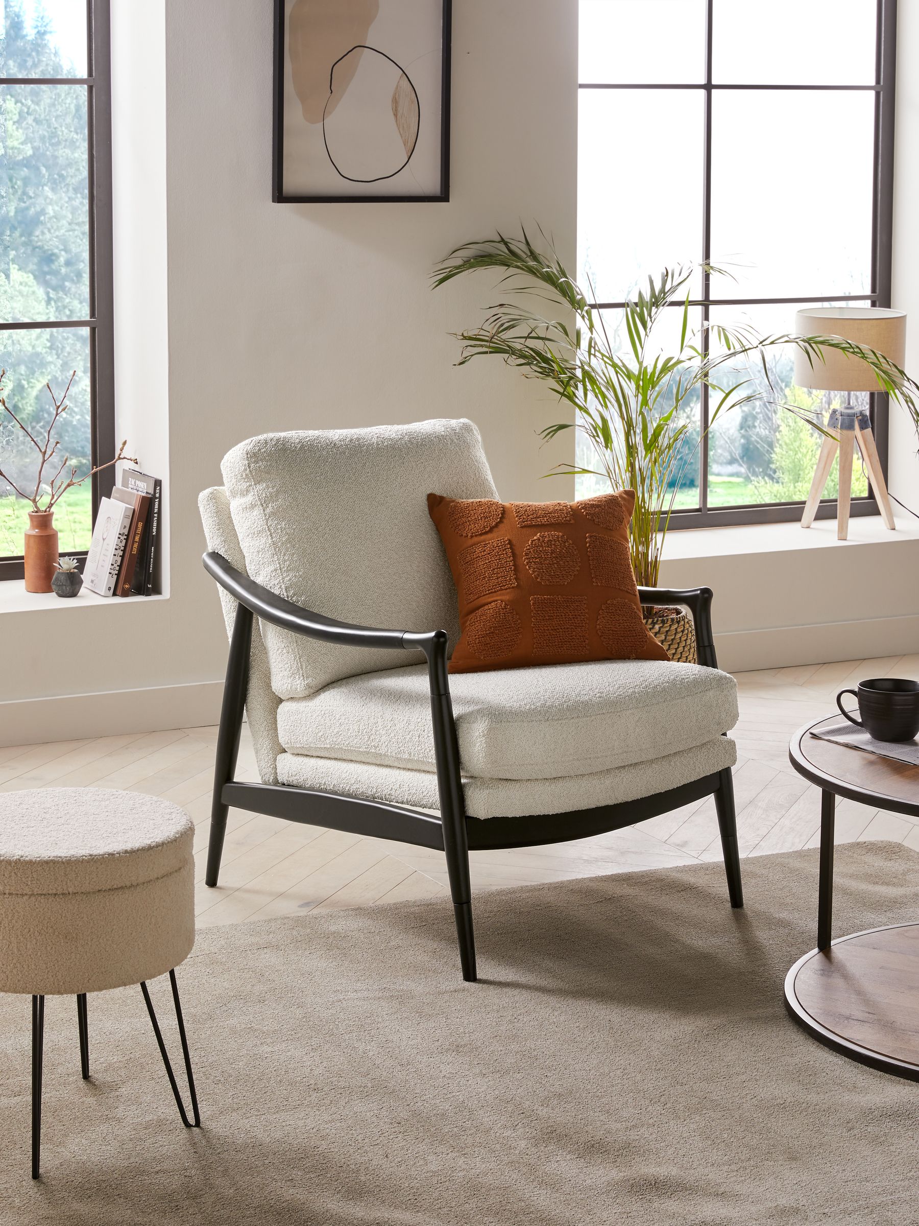 Buy Casual Boucle Oyster Natural Flinton Wooden Black Leg Accent Chair ...