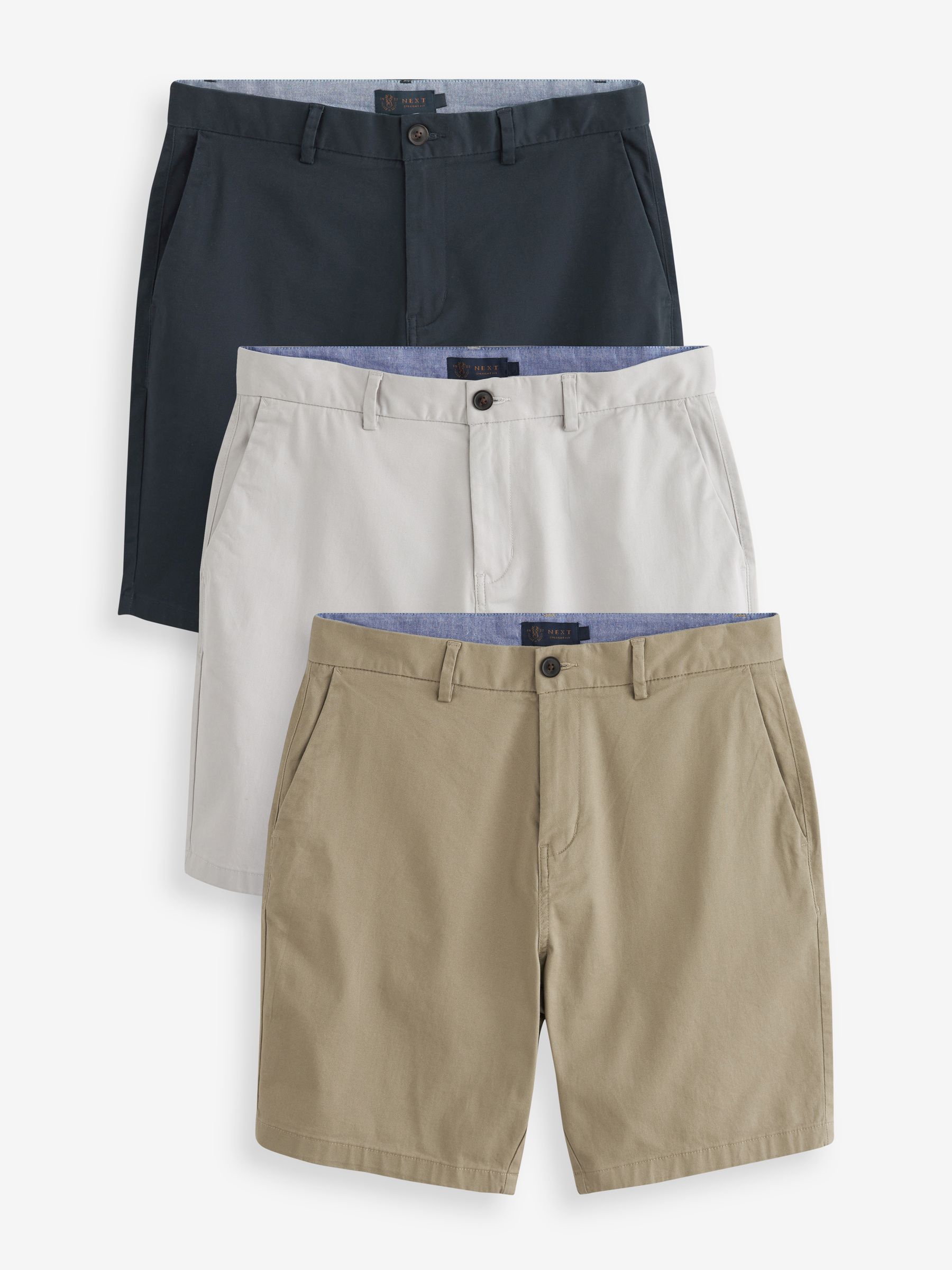 Buy Navy Blue/Grey/Stone Straight Fit Stretch Chinos Shorts 3 Pack from ...