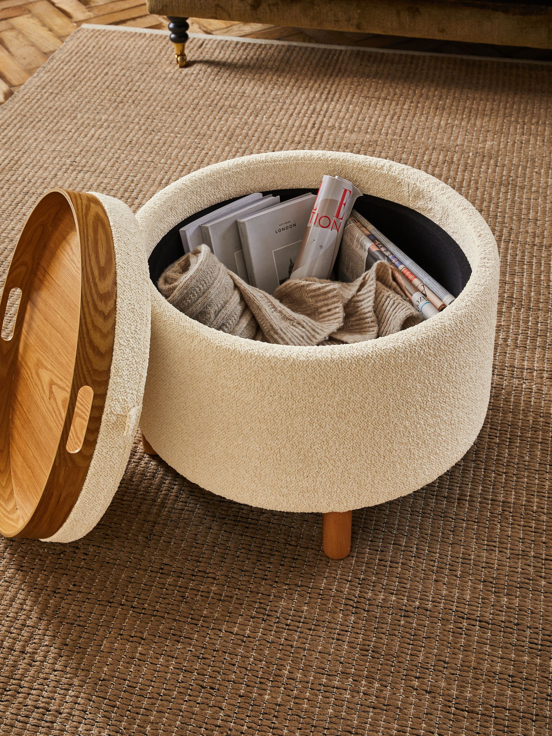 Buy Casual Boucle Oyster Natural Ashton Upholstered Storage Stool from ...