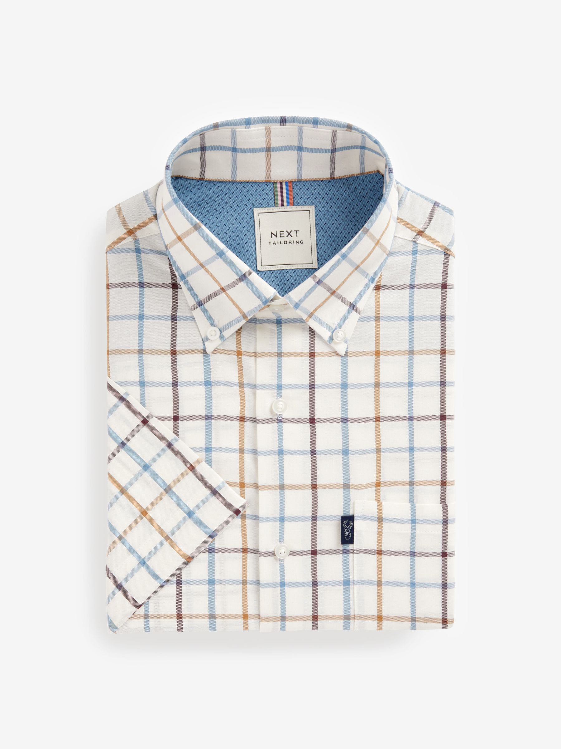 Buy Cream/Blue Tattersall Check Regular Fit Easy Iron Button Down Short ...