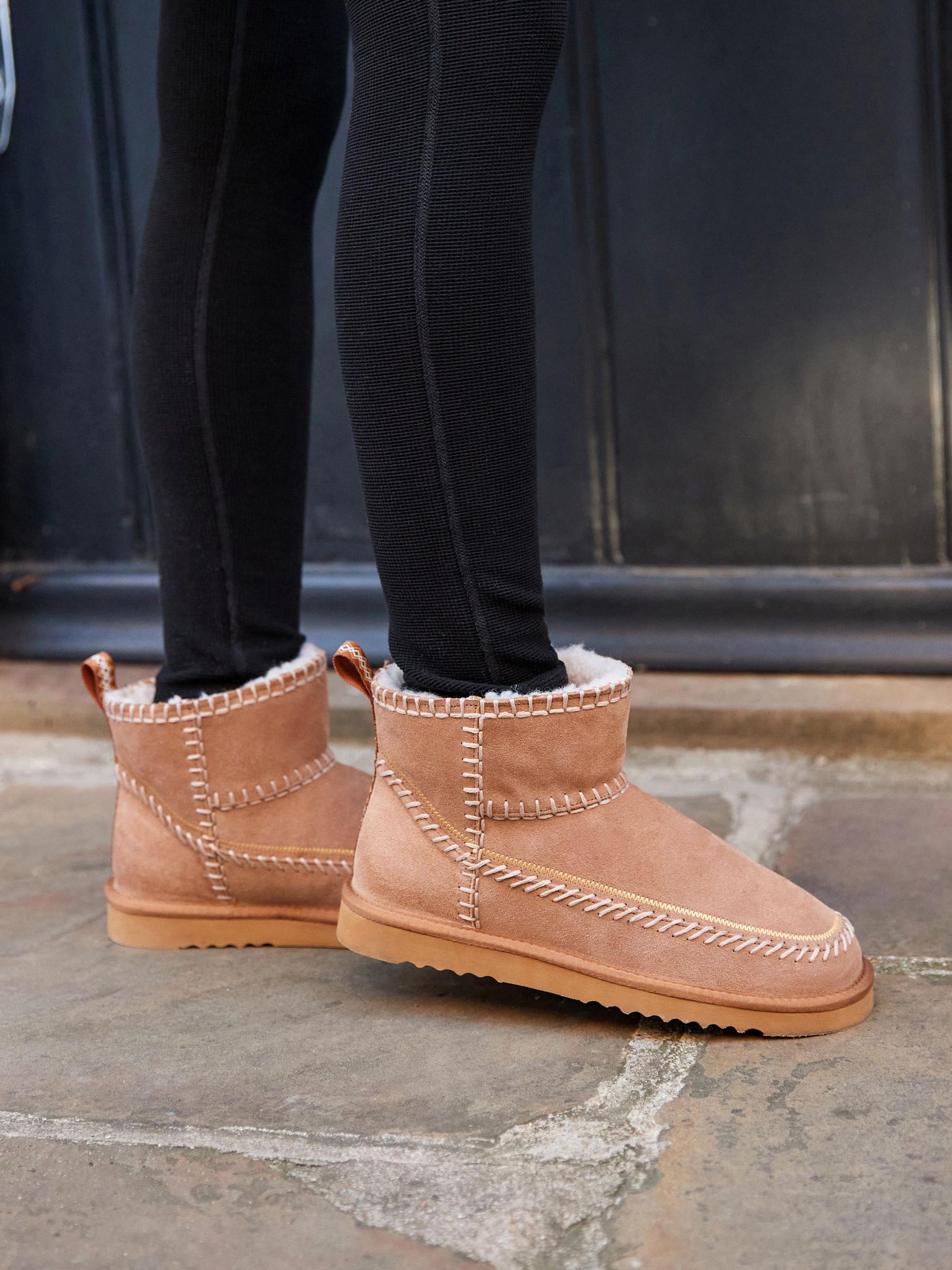 Buy Tan Brown Shower Repellent Faux Borg Lined Suede Stiched Boots from ...