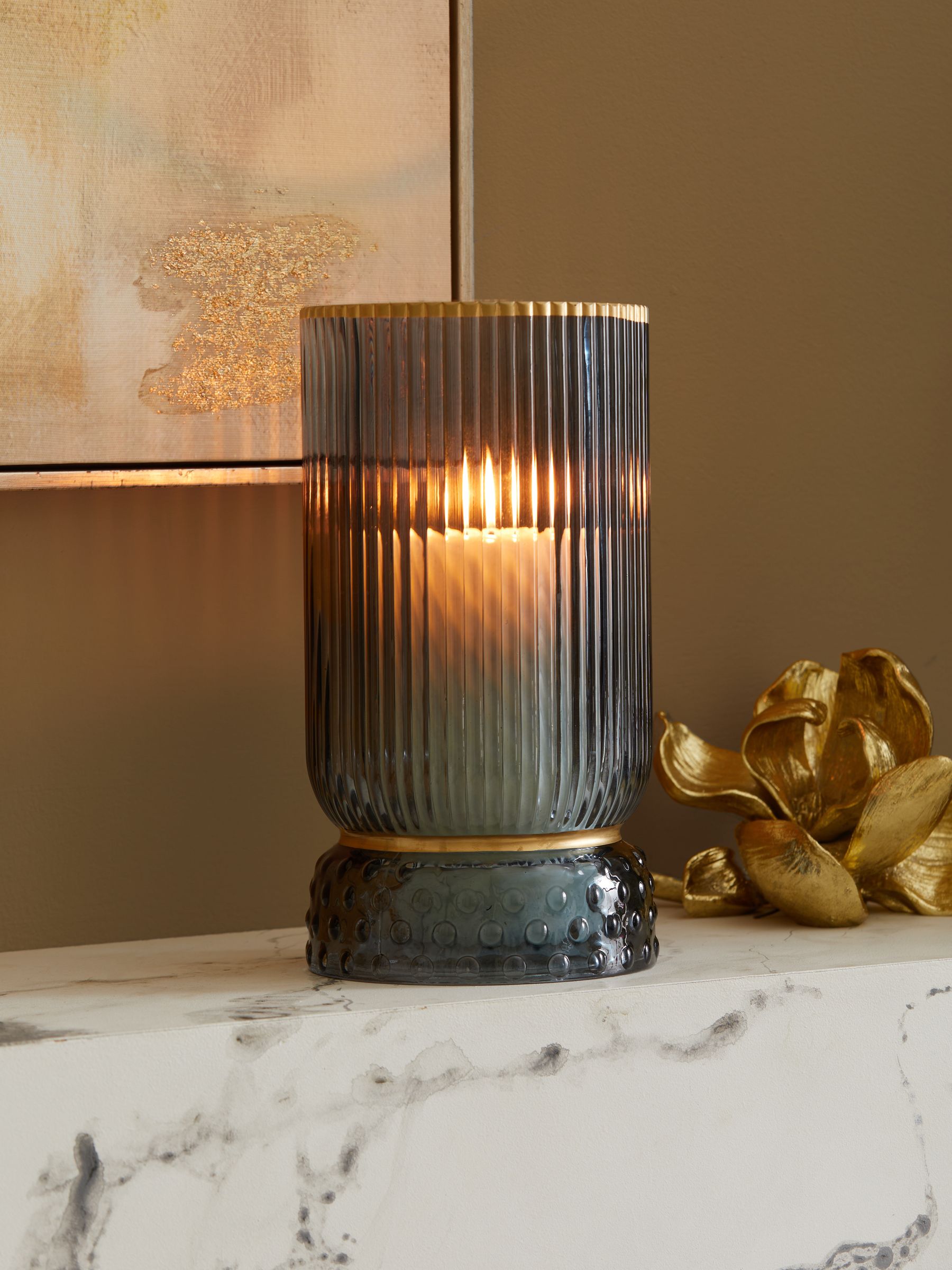 Buy Blue Ribbed Glass Hurricane Candle Holder Medium from the Next UK ...