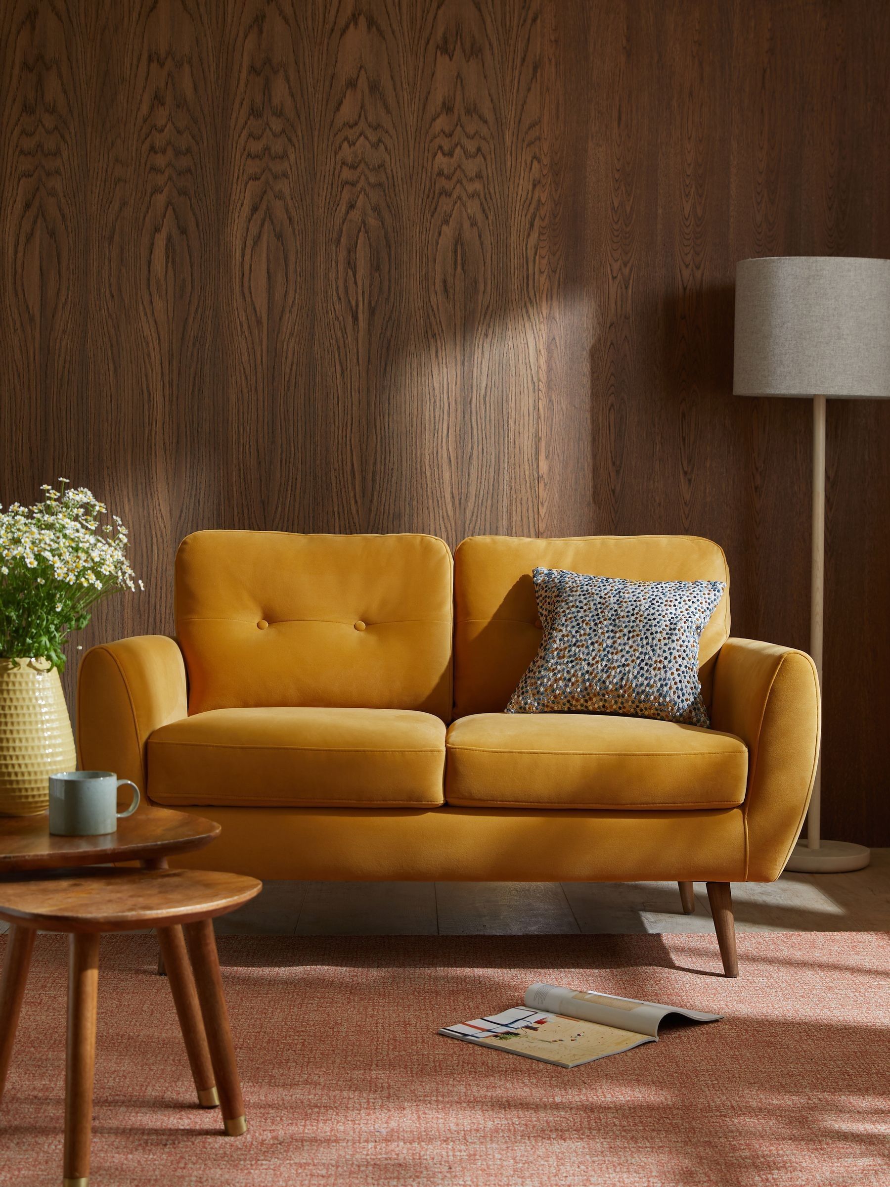Buy Soft Velvet Ochre Yellow Bronx Leg Small Wilson 2 Seater Sofa from ...