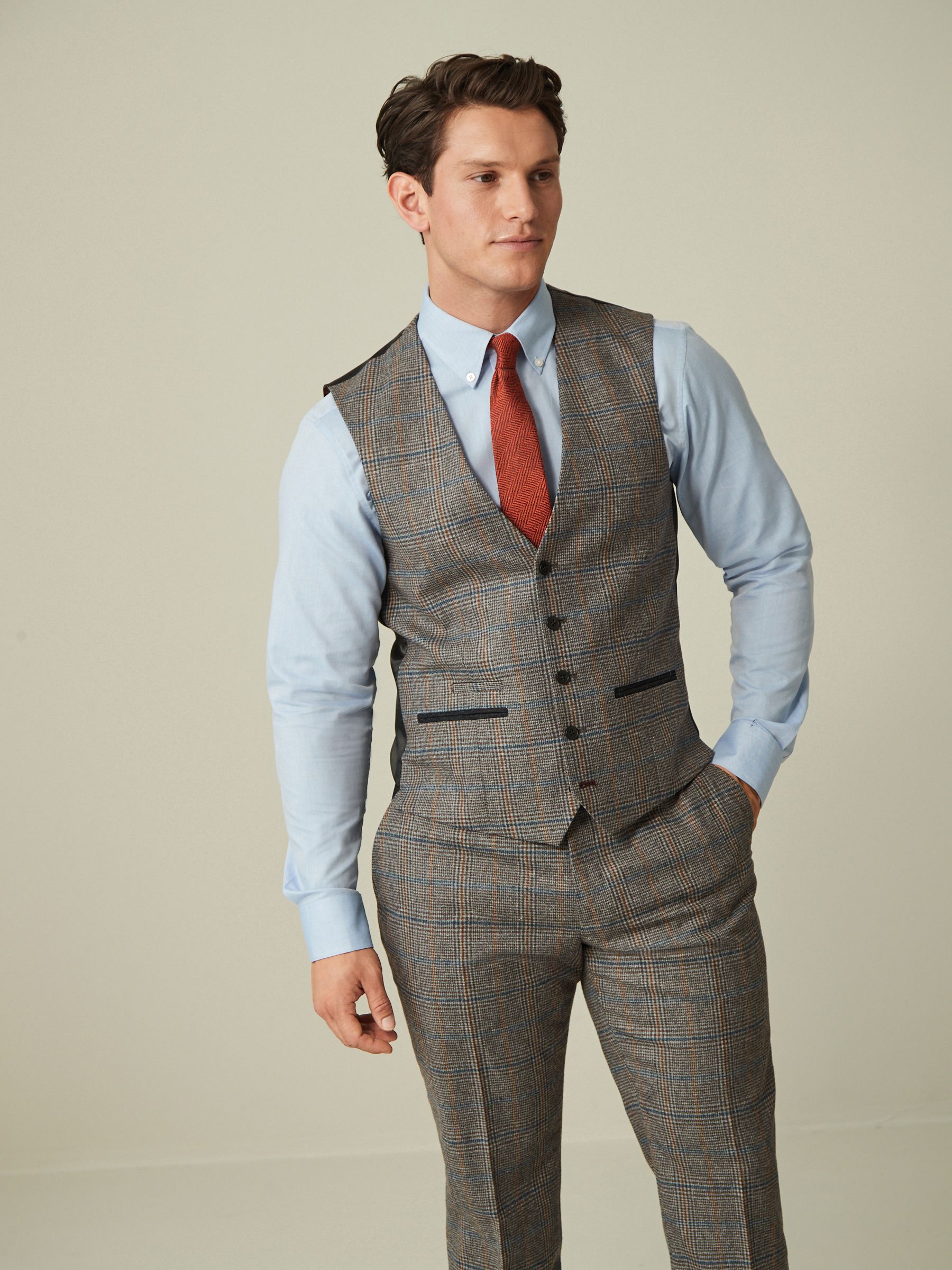 Buy Grey Regular Fit Nova Fides Wool Blend Trimmed Check Suit Waistcoat ...