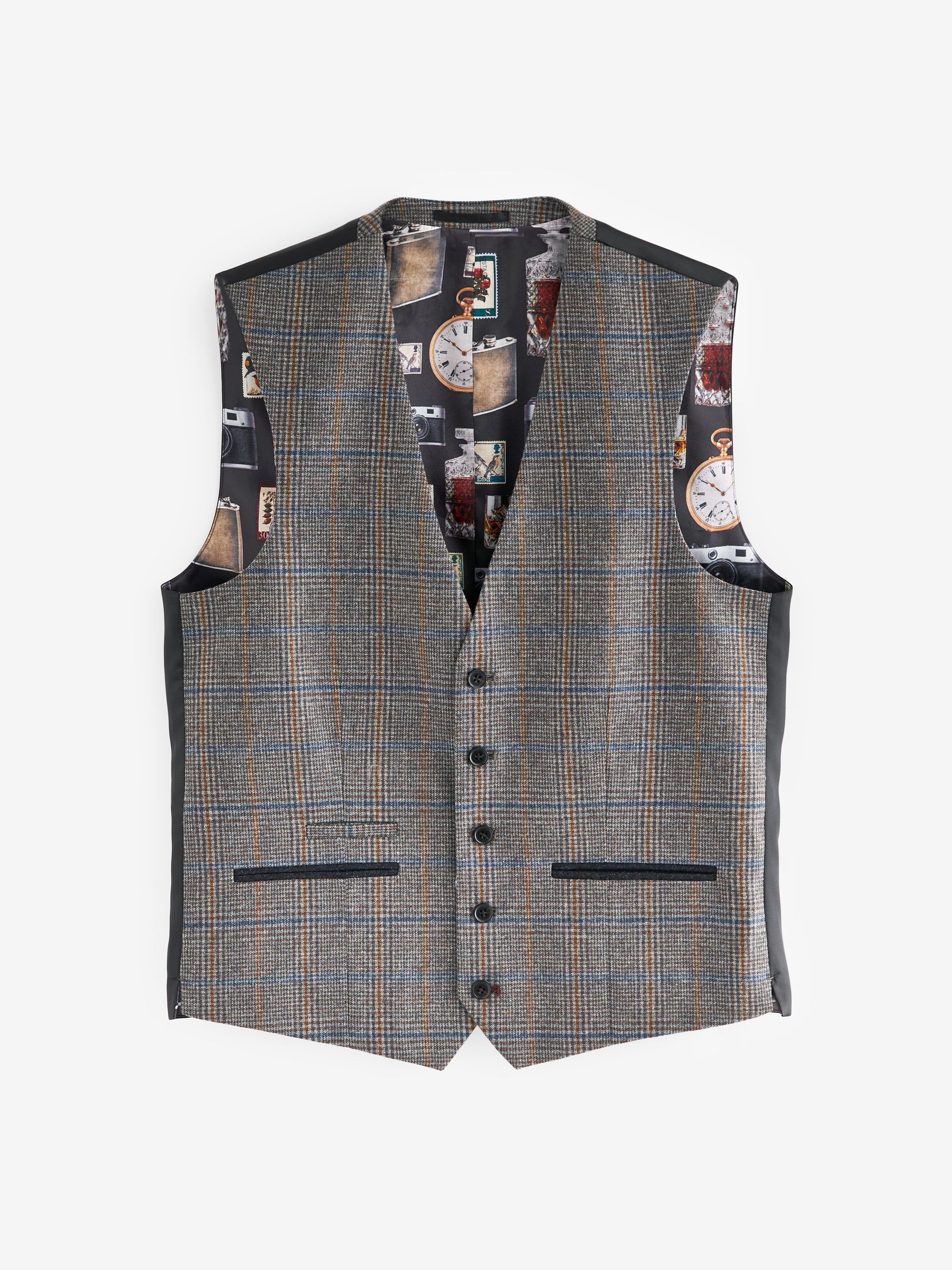 Buy Grey Regular Fit Nova Fides Wool Blend Trimmed Check Suit Waistcoat ...