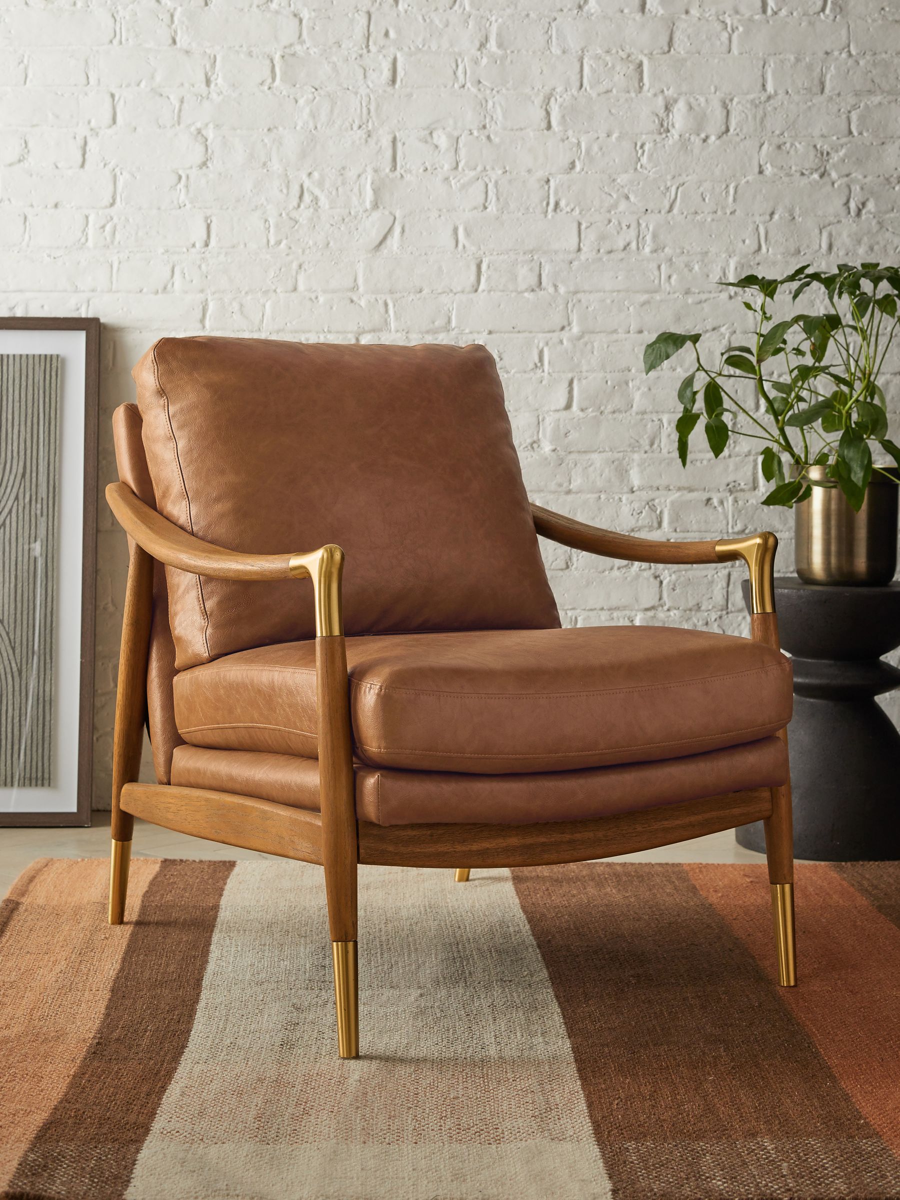 Buy Vintaged Faux Leather Light Brown Flinton Wooden Accent Chair from ...