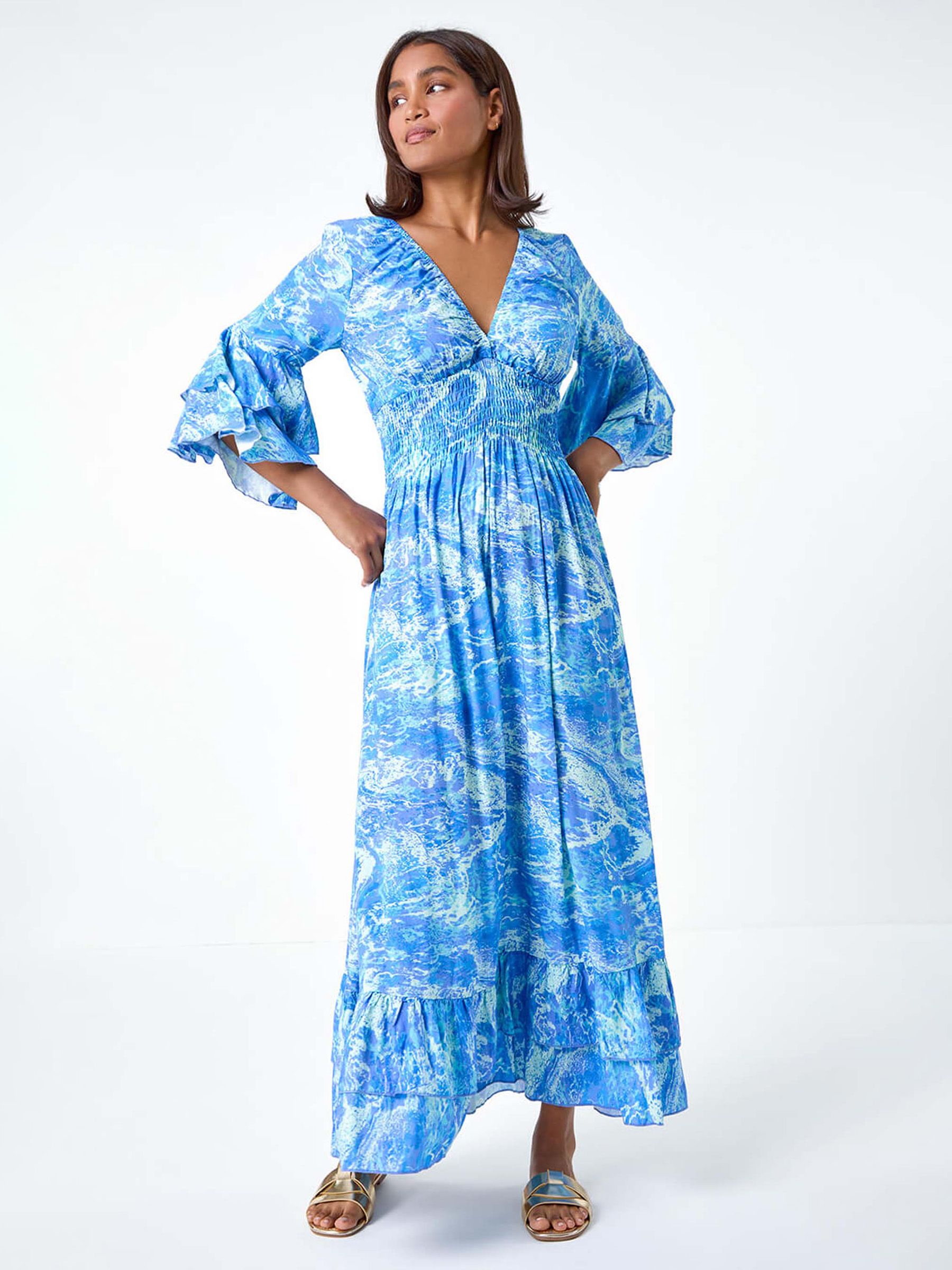 Buy Roman Blue Abstract Ruffle Detail Shirred Maxi Dress from the Next ...