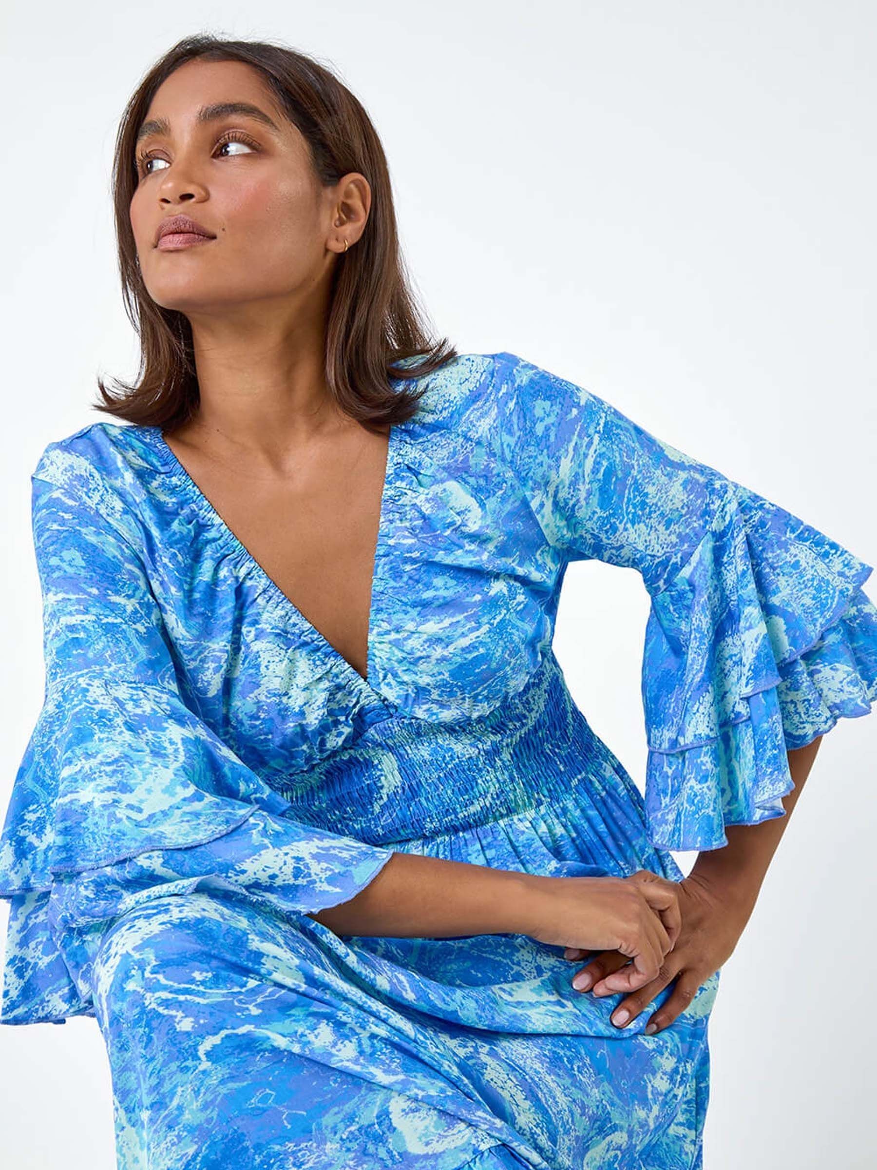 Buy Roman Blue Abstract Ruffle Detail Shirred Maxi Dress from the Next ...