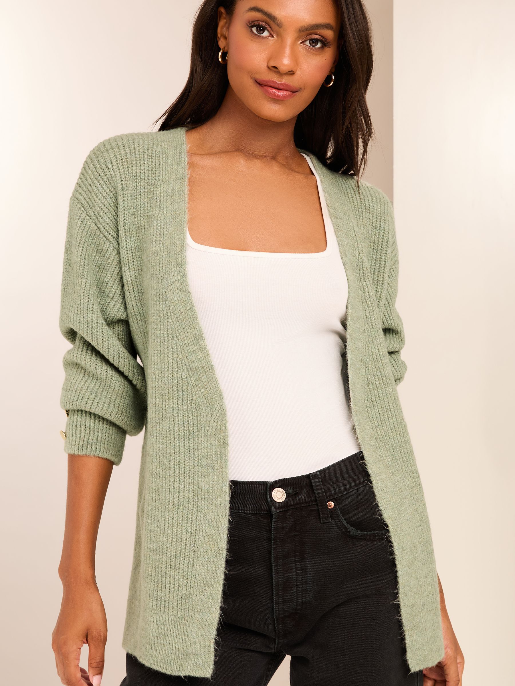 Buy Lipsy Green Cosy Long Sleeve Rib Edge To Edge Knit Cardigan from ...