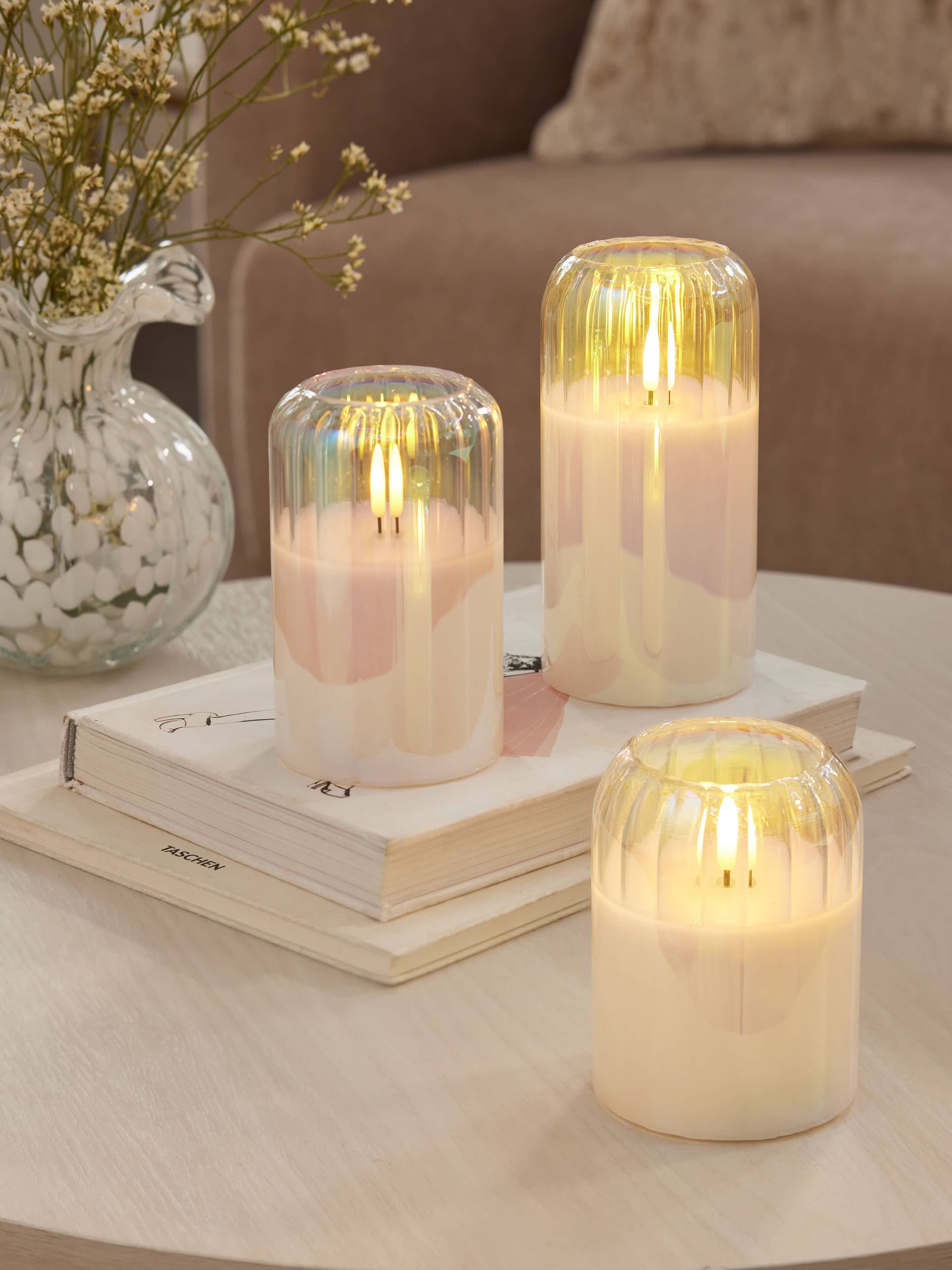 Buy Iridescent Glass Ribbed LED Set of 3 Unscented Pillar Candle from ...