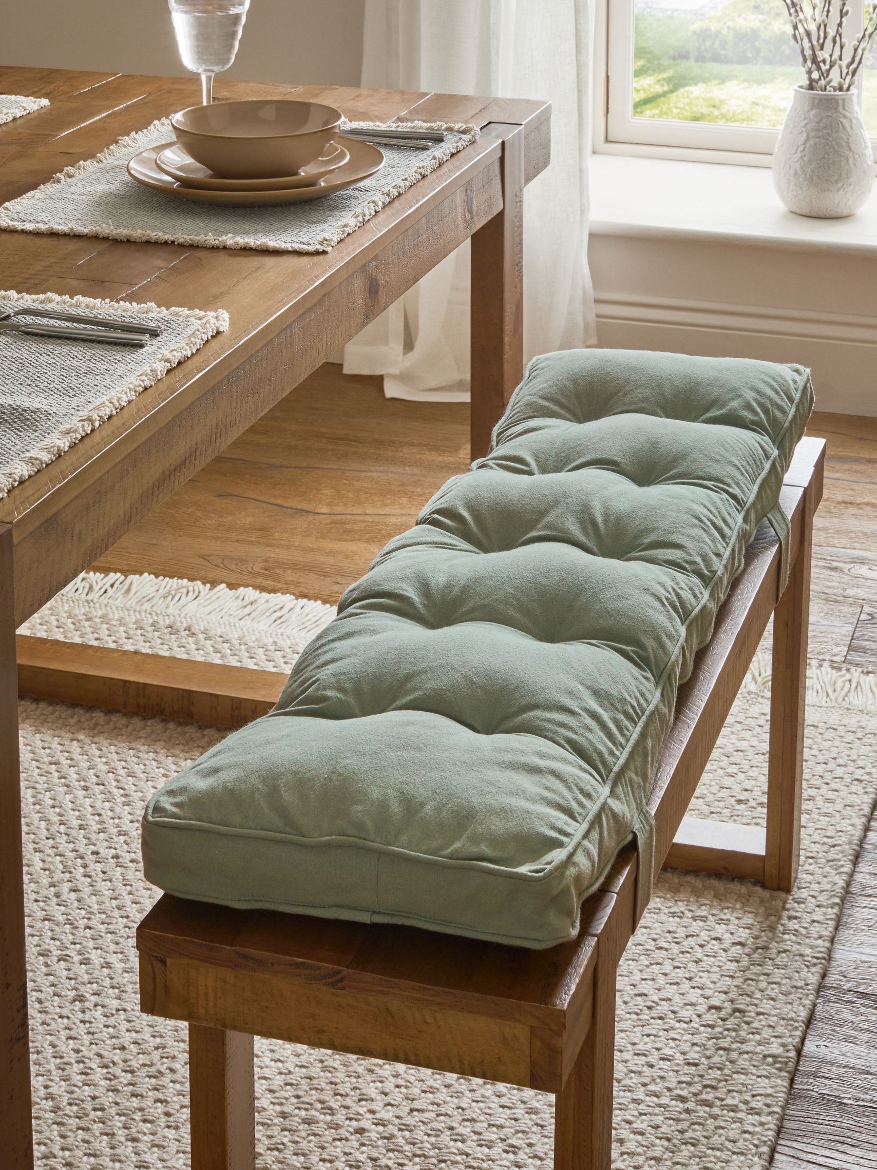 Buy Sage Green Linen Look Padded 100% Cotton Dining Bench Seat Cushions ...
