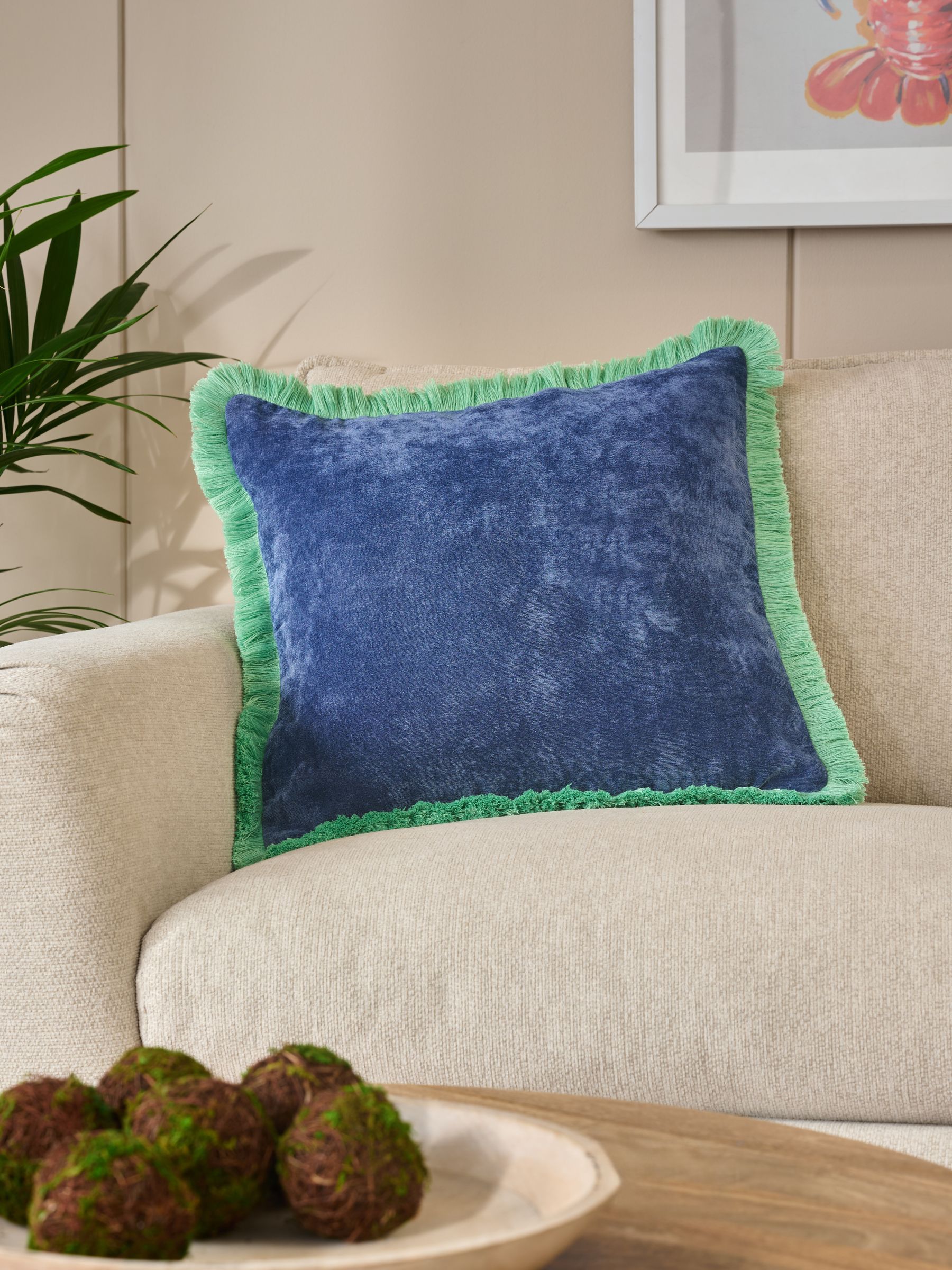 Buy Blue/Green 45 x 45cm Soft Velour Contrast Fringe Cushion from the ...