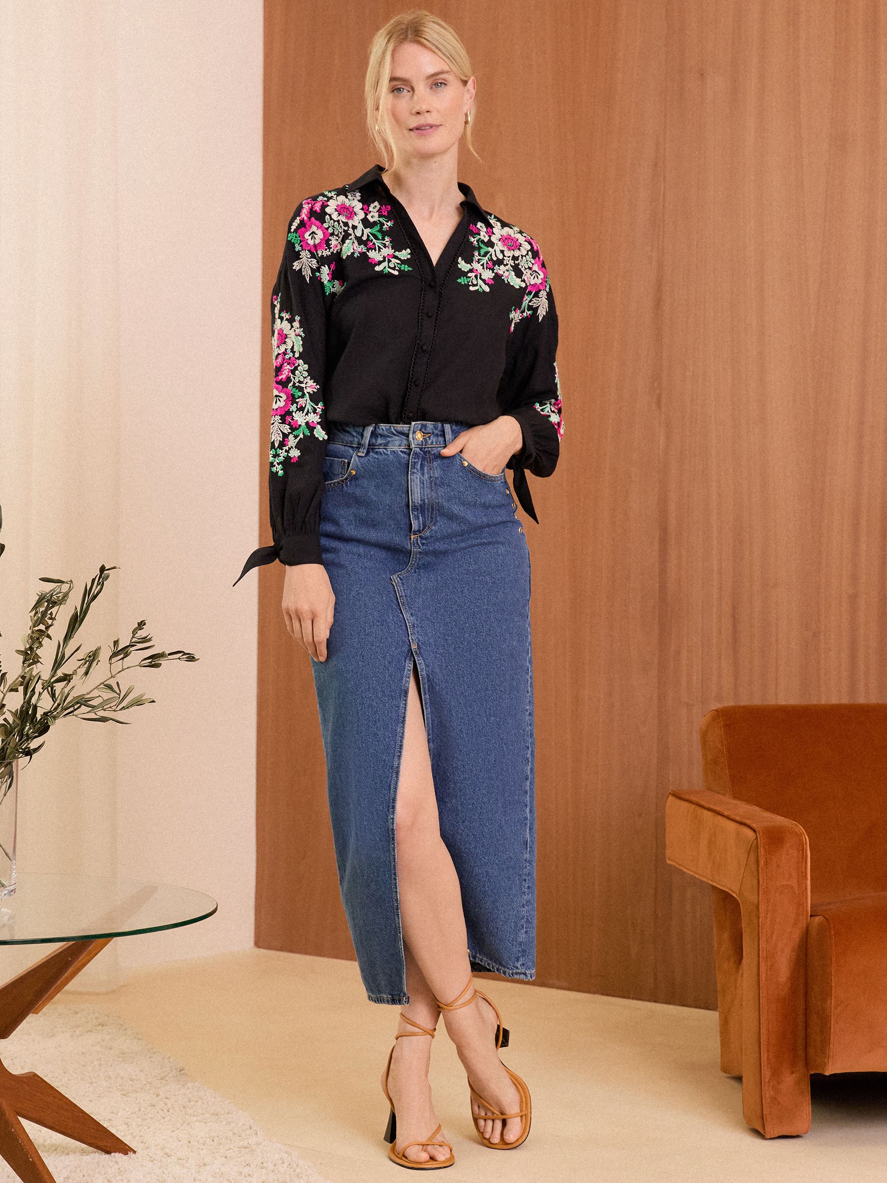 Buy V&A | Love & Roses Black Embroidered Linen Button Through Shirt ...