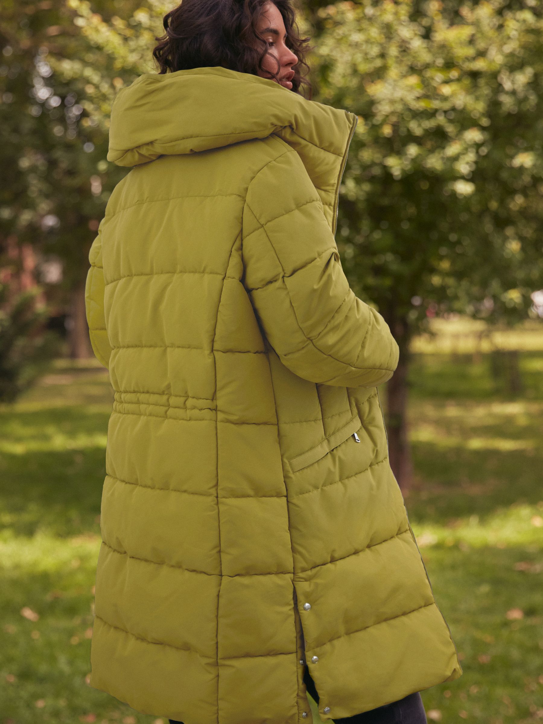 Buy Bright Green Shower Resistant Padded Puffer Hooded Mid Length Coat ...