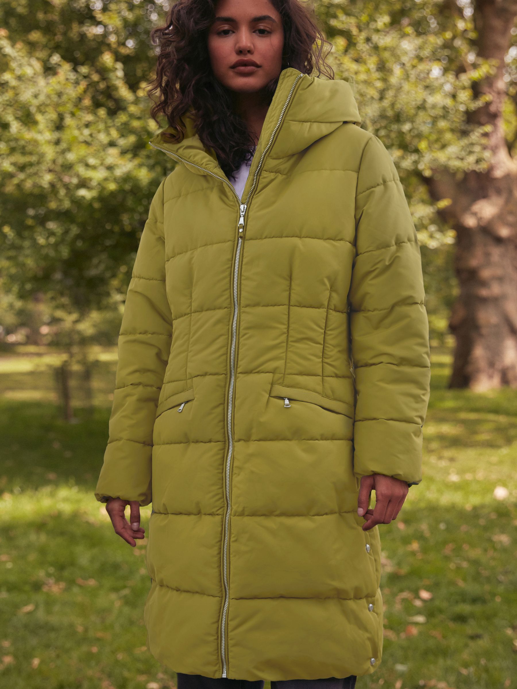 Buy Bright Green Shower Resistant Padded Puffer Hooded Mid Length Coat ...