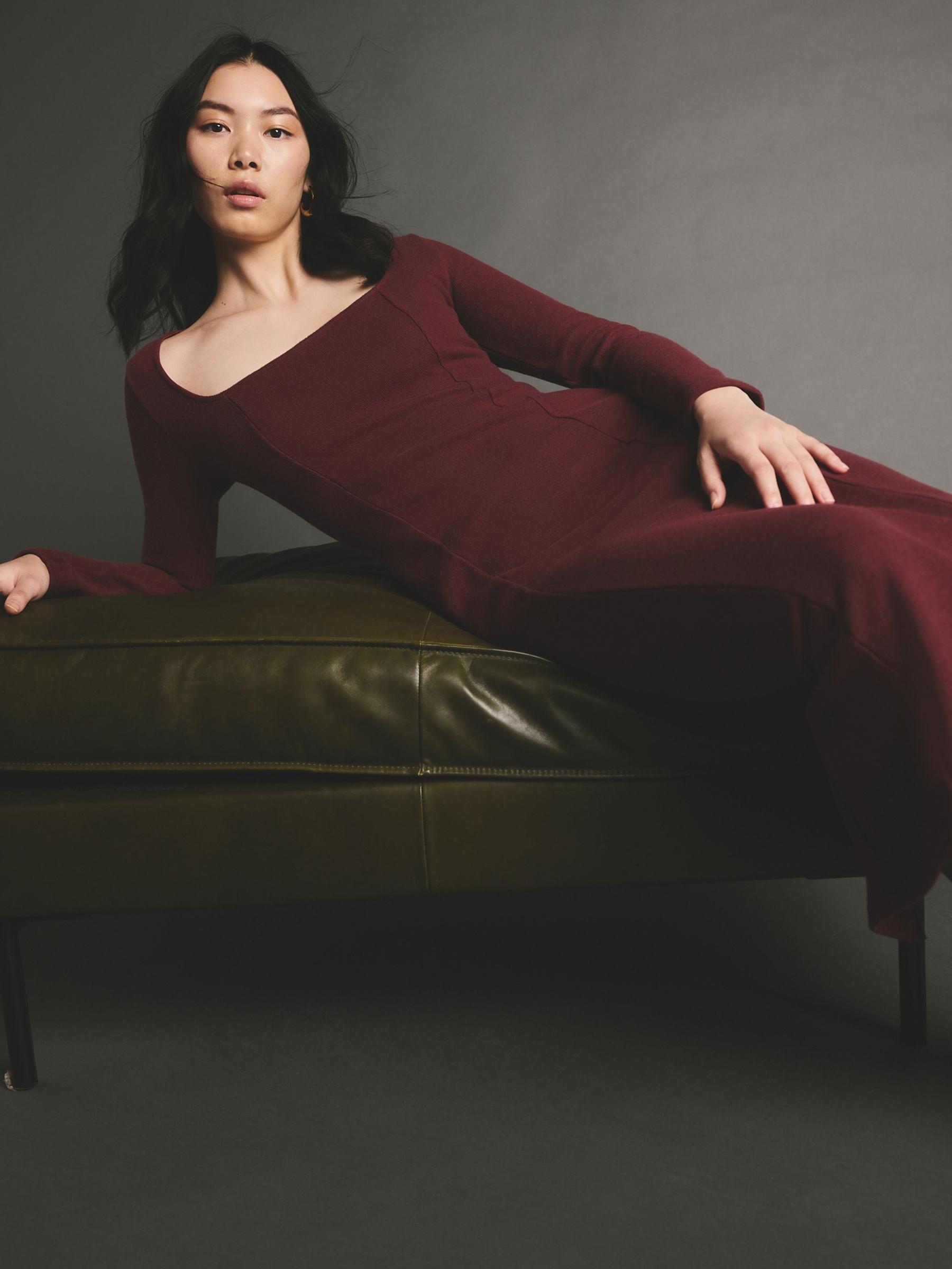 Buy Burgundy Red Cosy Soft Touch Midi Length Long Sleeve Dress from ...