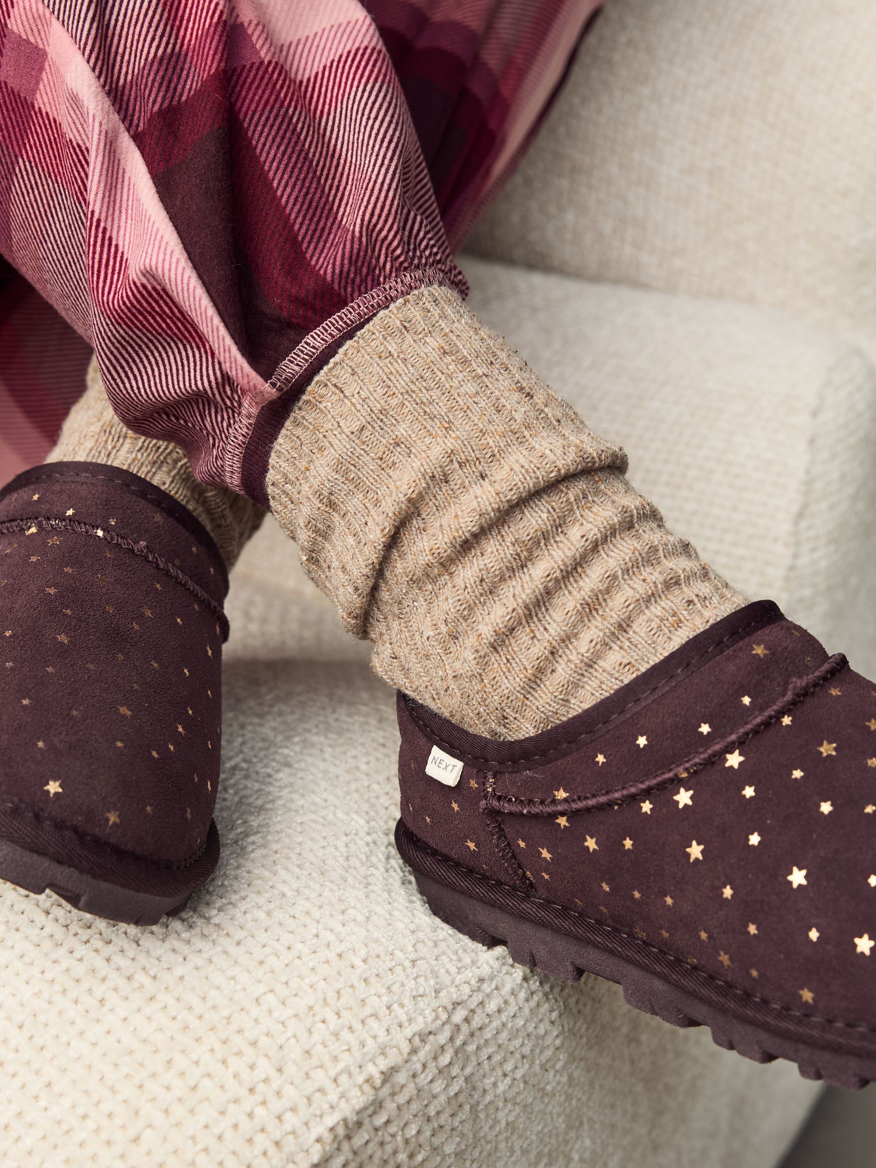 Buy Plum Purple Faux Fur Lined Suede Shoot Slippers from the Next UK ...