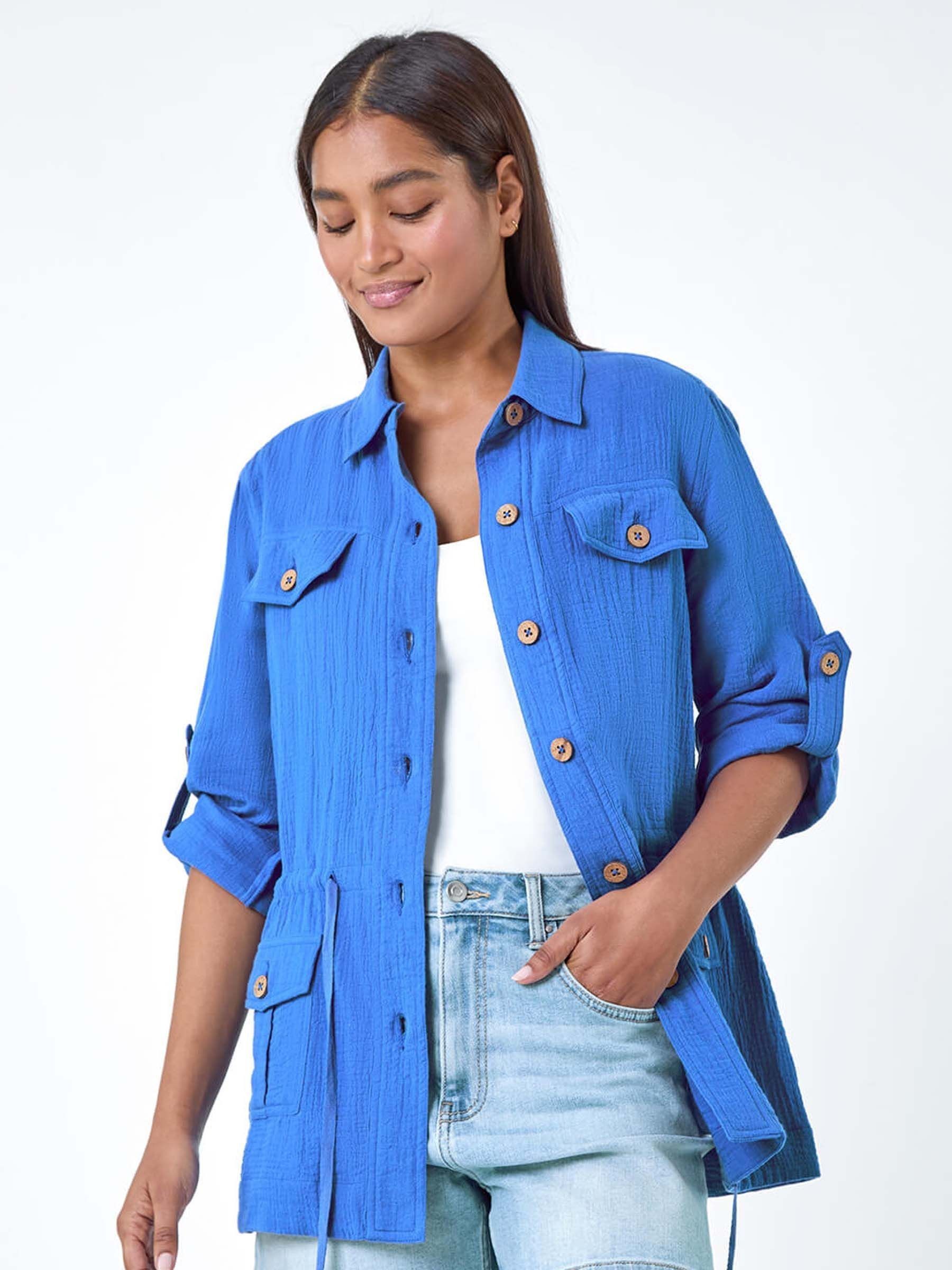 Buy Roman Blue 100% Cotton Textured Tie Waist Utility Style Shirt ...