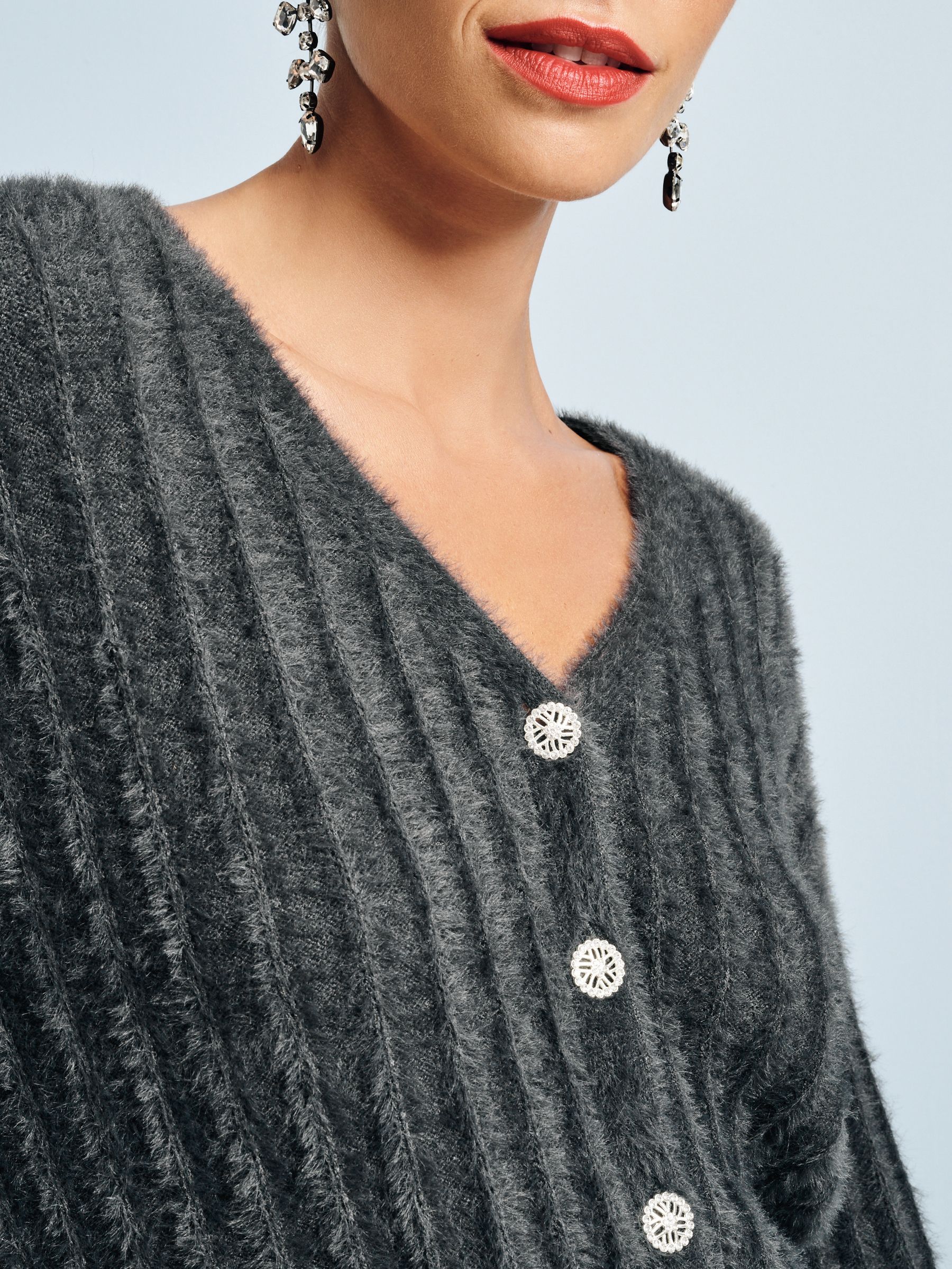 Buy Grey Charcoal Soft Touch Fluffy V-Neck Ribbed Knitted Cardigan from ...