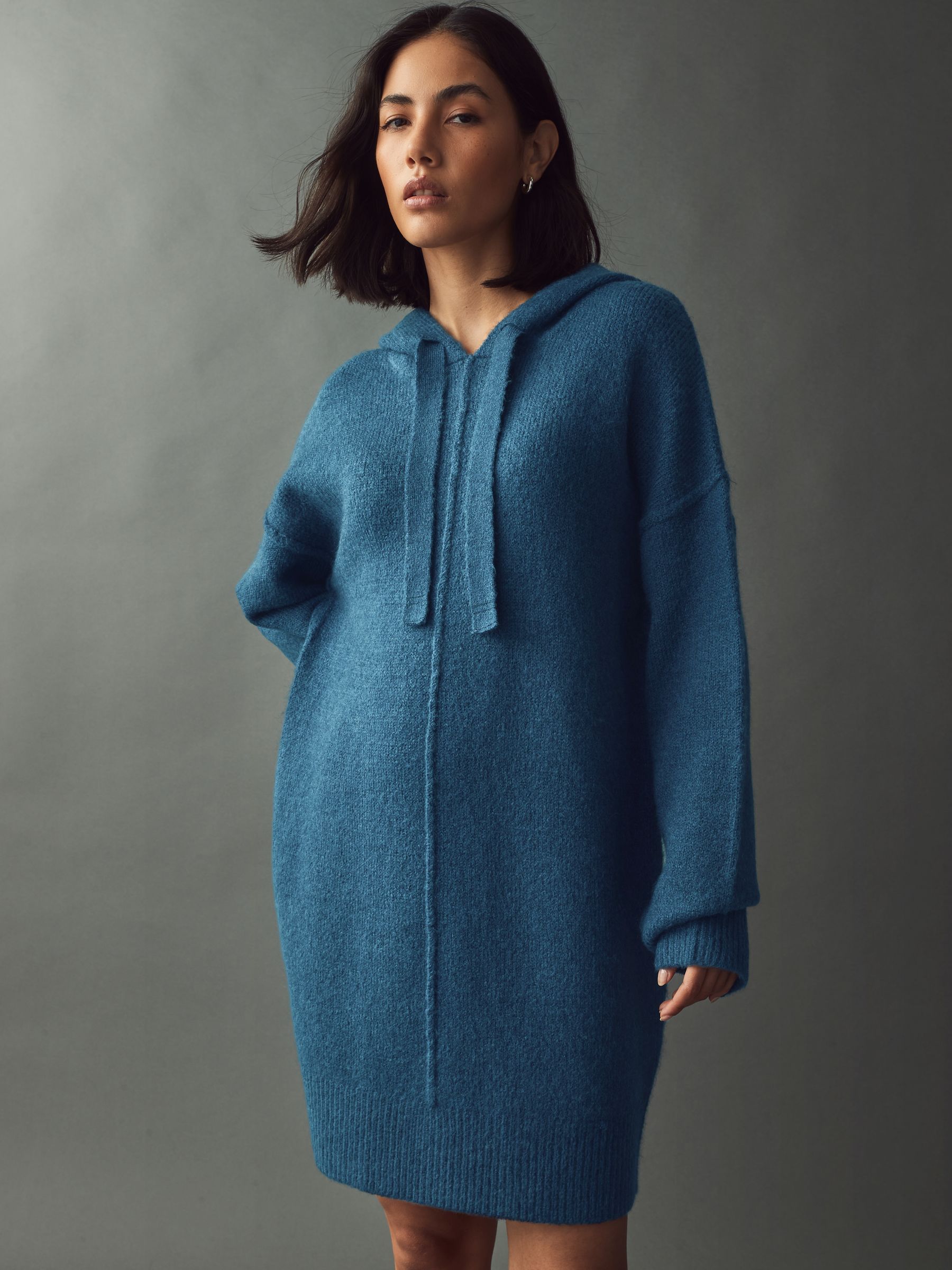 Buy Blue Indigo - Relaxed Fit Hooded Knitted Jumper Dress with Wool ...
