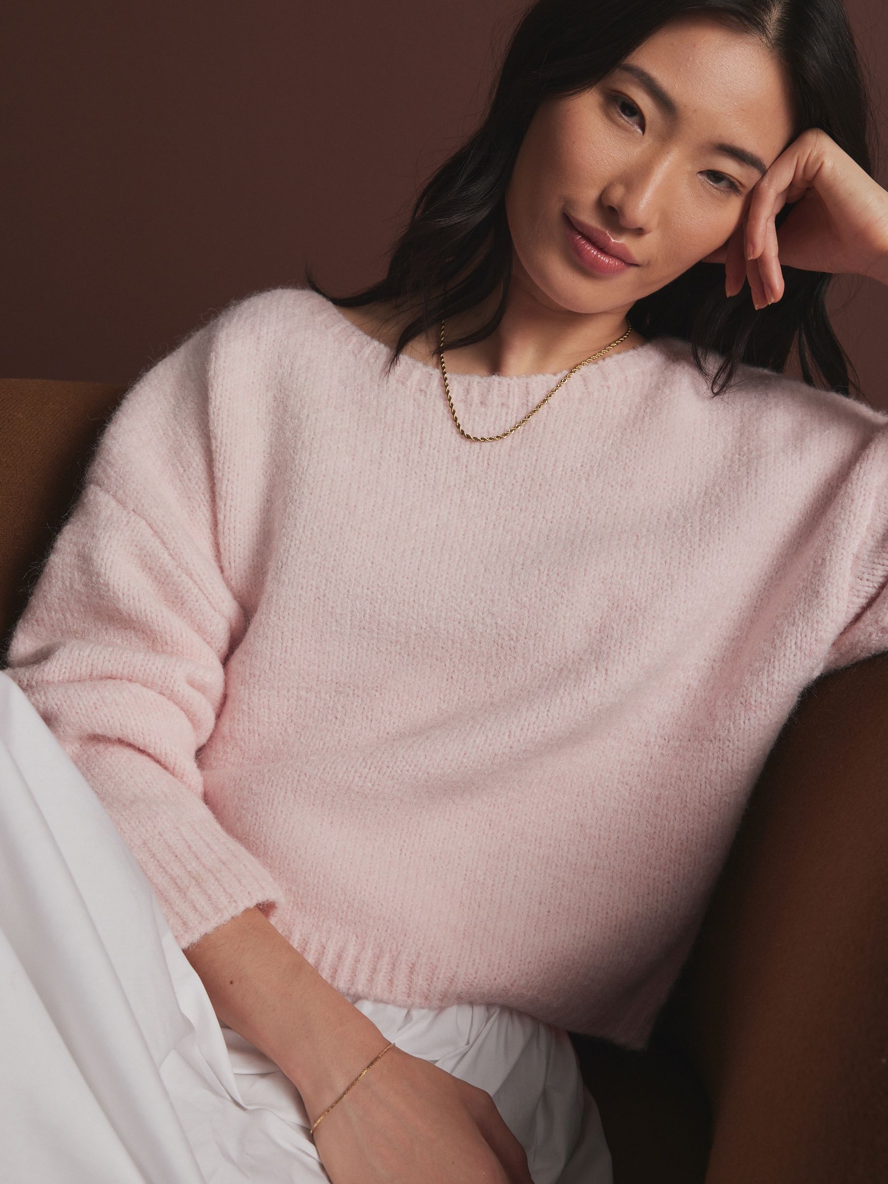 Buy Pink Blush Soft Touch Bardot Off The Shoulder Knitted Jumper with ...