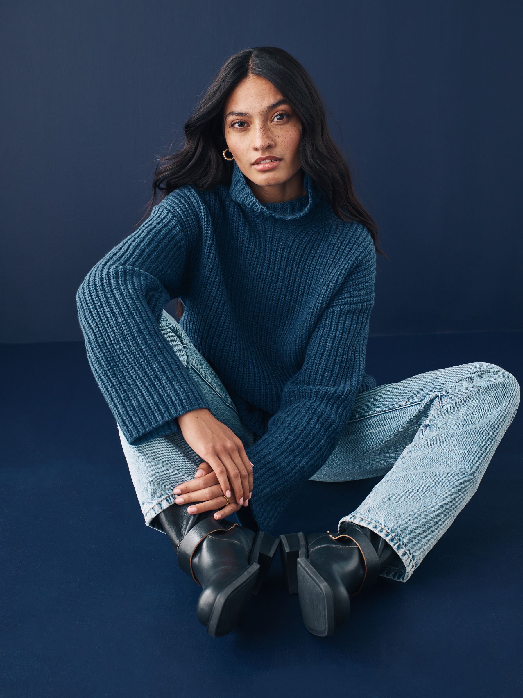 Buy Blue Indigo Roll High Neck Ribbed Longline Knitted Jumper with Wool ...