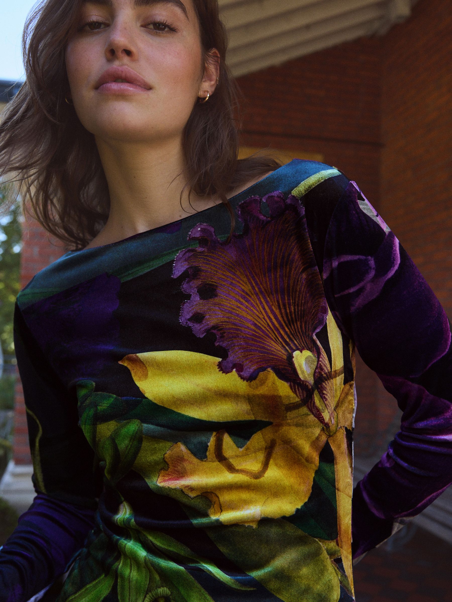 Buy Green/Purple Floral Print Kew Collection Velvet Long Sleeve Top ...