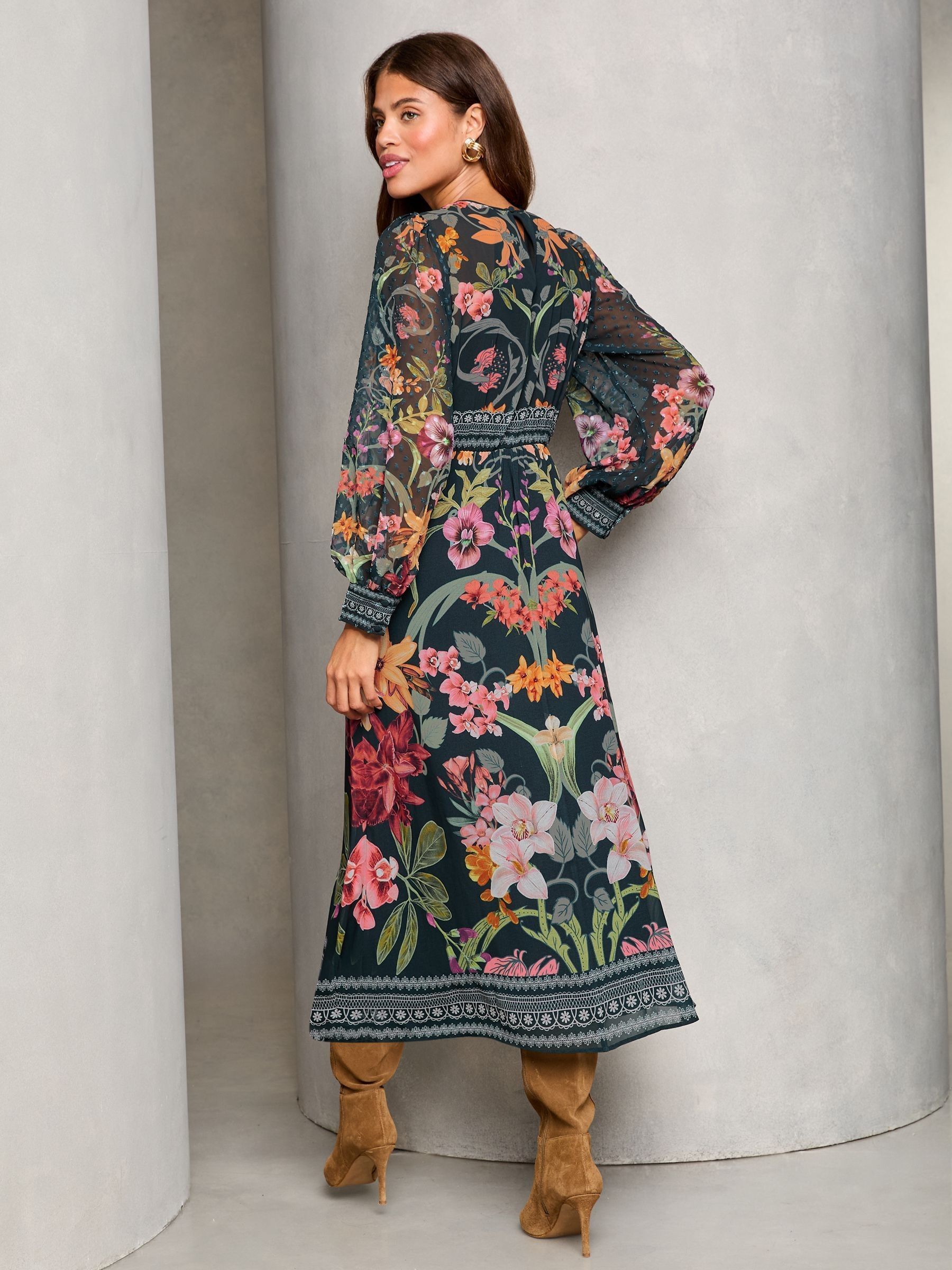 Buy Lipsy Black Floral Printed Woven Long Sleeve Underbust Midi Dress from the Next UK online shop