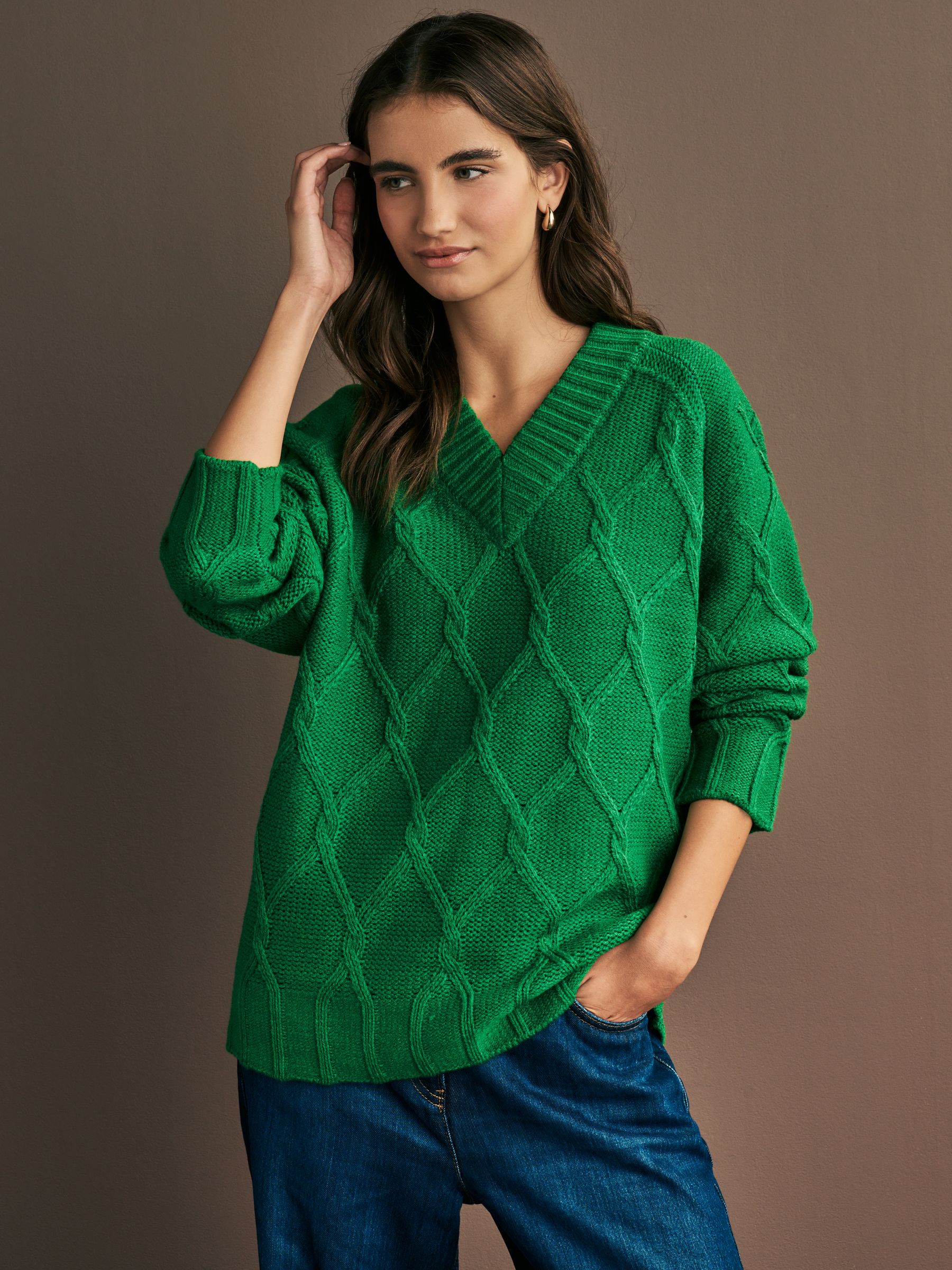 Buy Green Bright Cable Knitted Longline V-Neck Tunic Jumper with Wool ...
