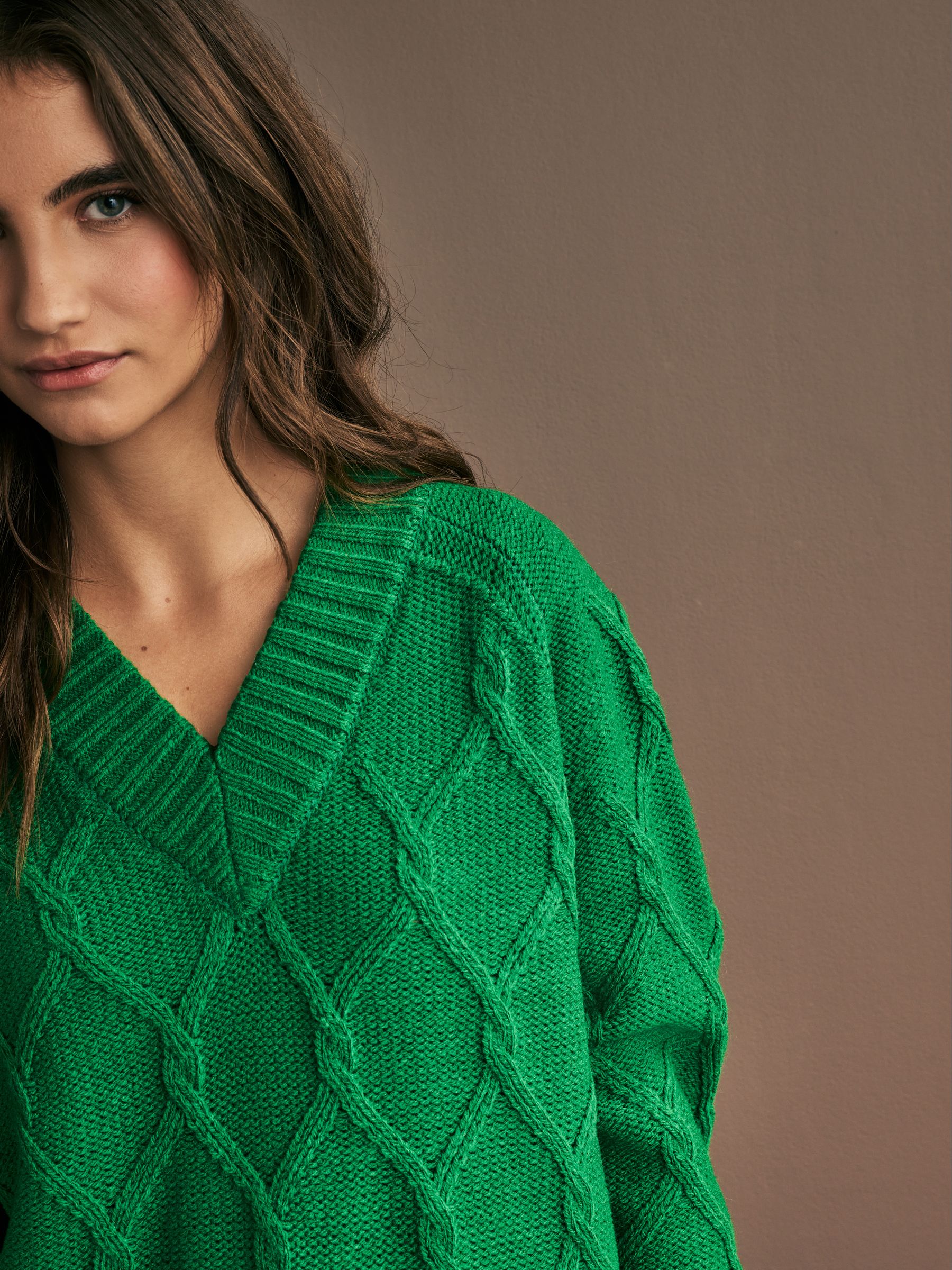 Buy Green Bright Cable Knitted Longline V-Neck Tunic Jumper with Wool ...