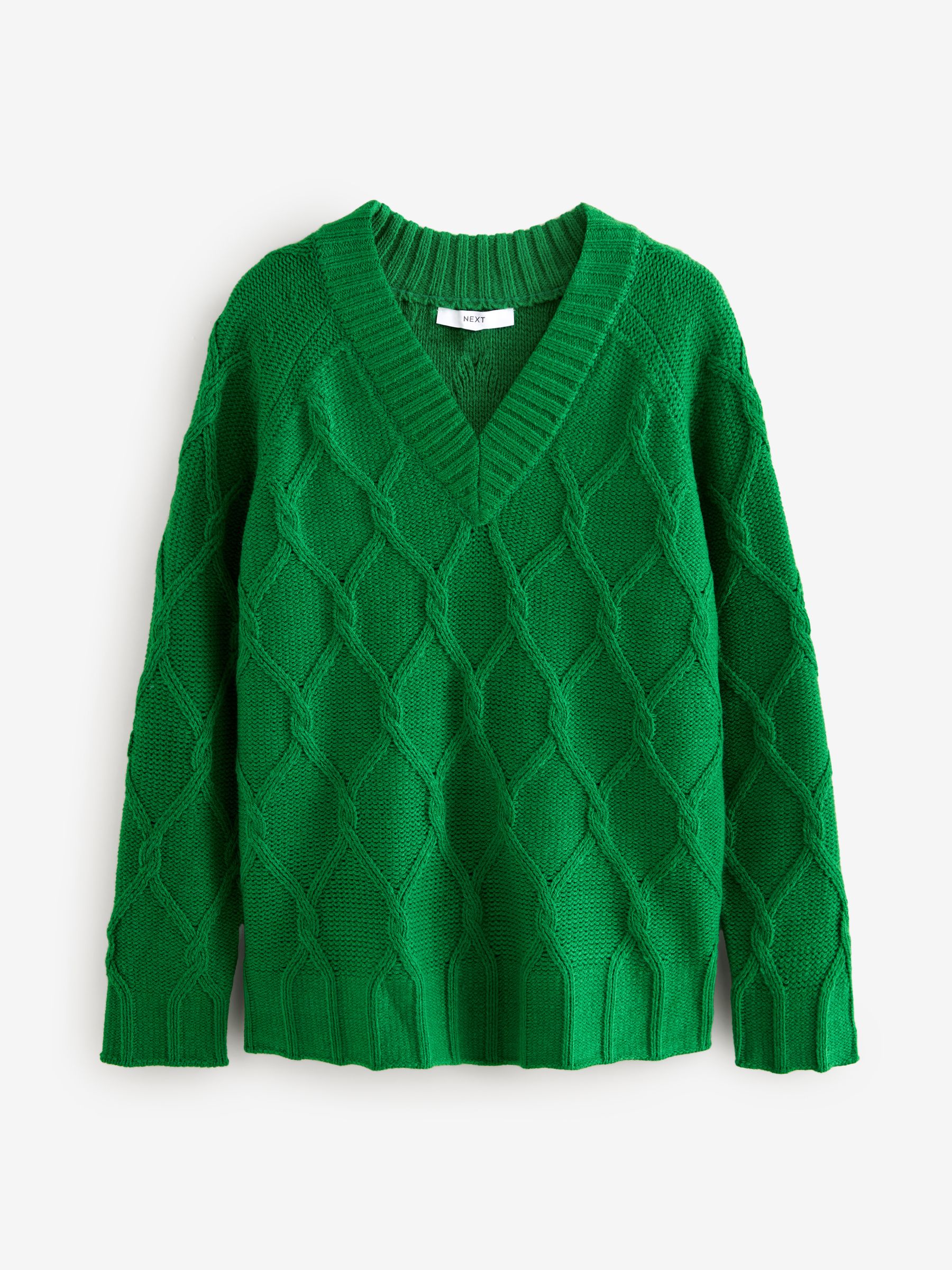 Buy Green Bright Cable Knitted Longline V-Neck Tunic Jumper with Wool ...