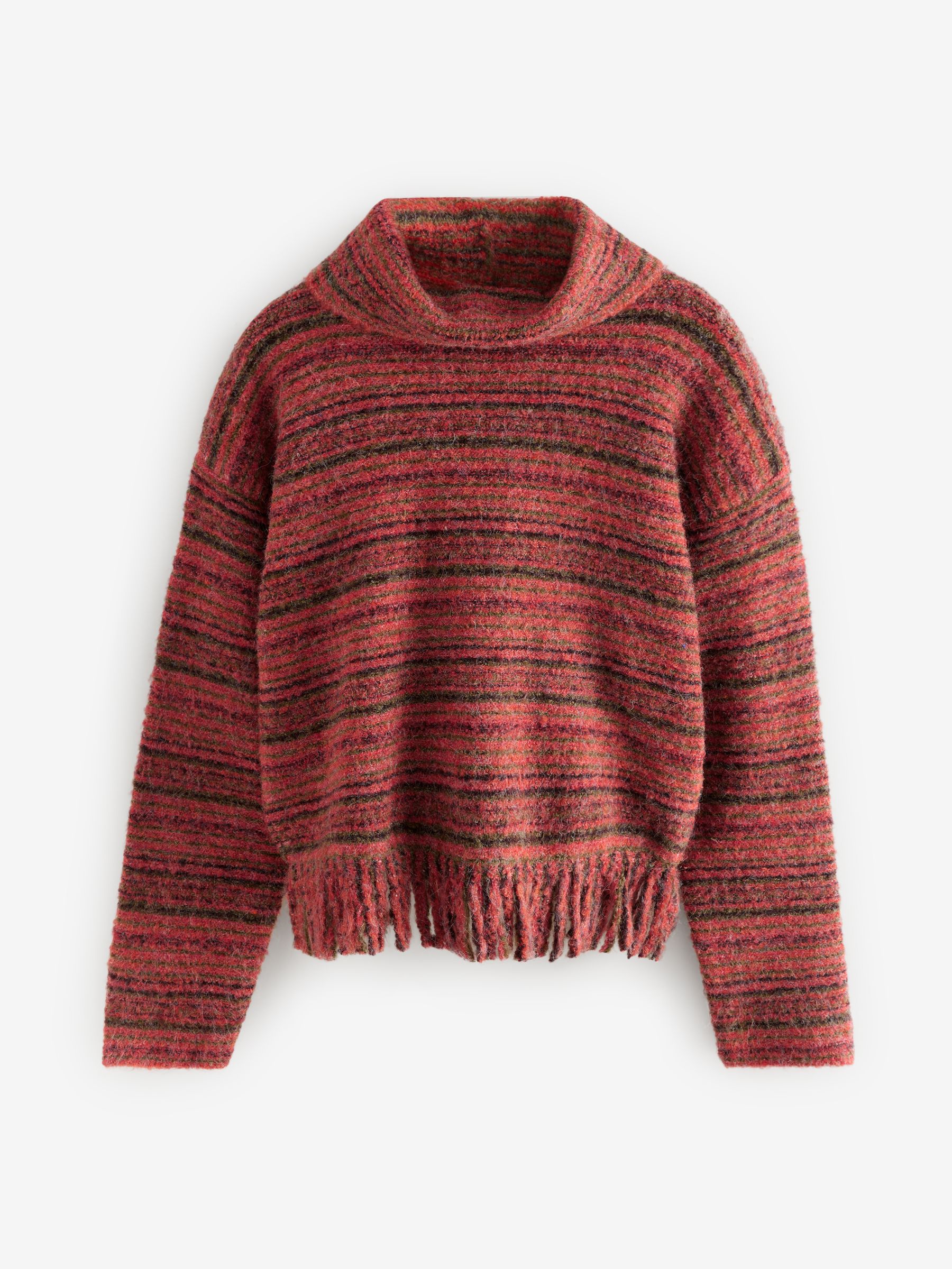 Buy Red Berry Fringe Spacedye High Roll Neck Knitted Jumper with Wool ...