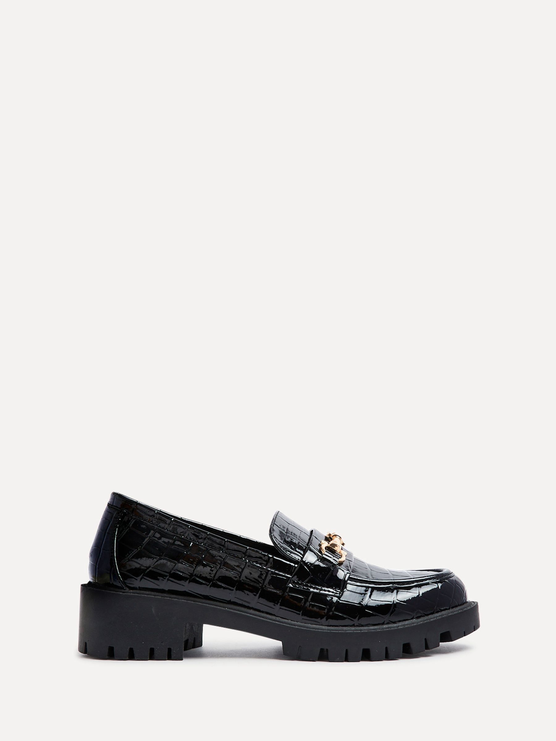 Buy Linzi Black Faux Croc Aria Chunky Sole Loafers With Gold Trim from ...