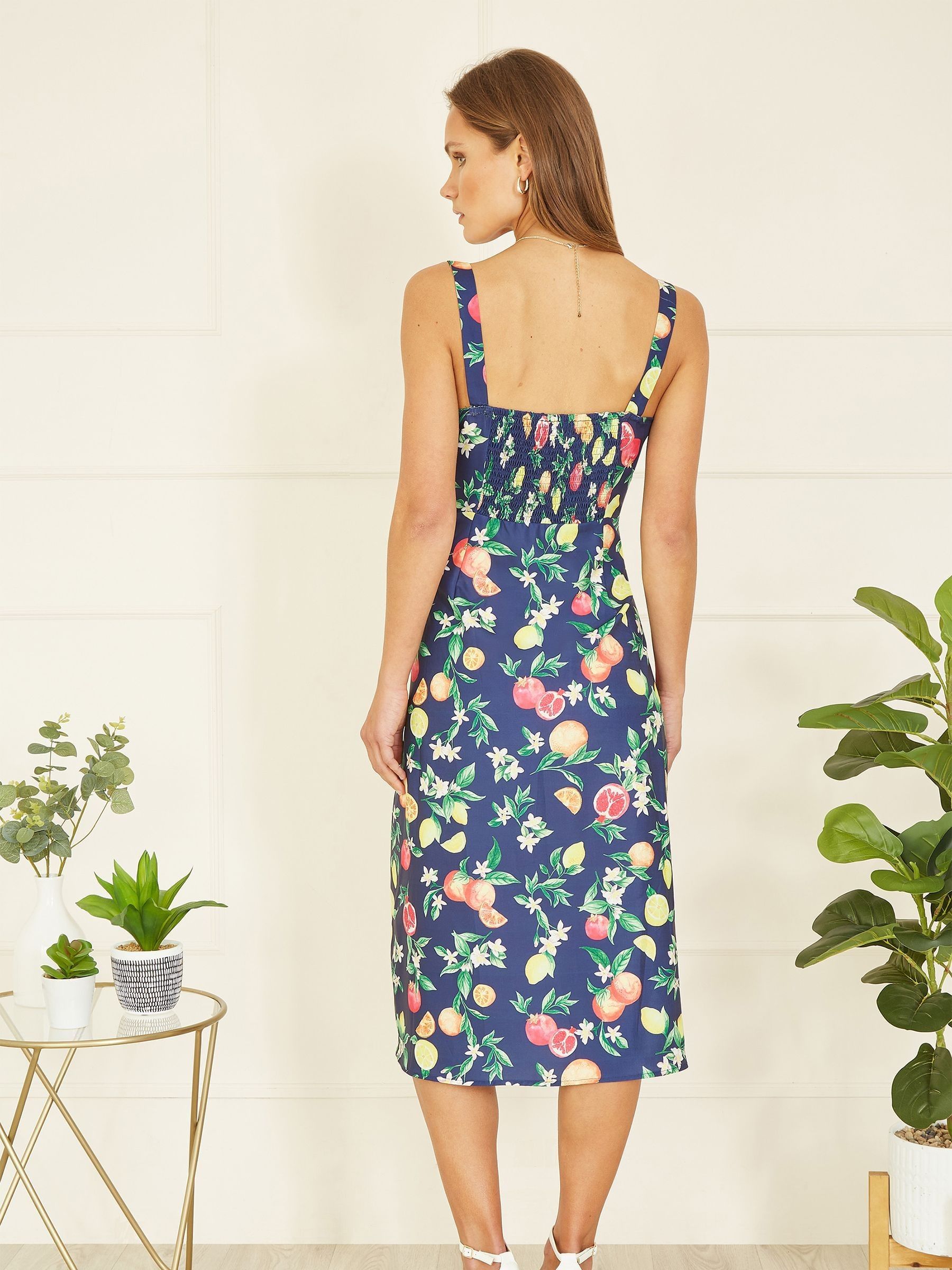 Buy Yumi Blue Fruit Print Strappy Sundress With Front Split from the ...