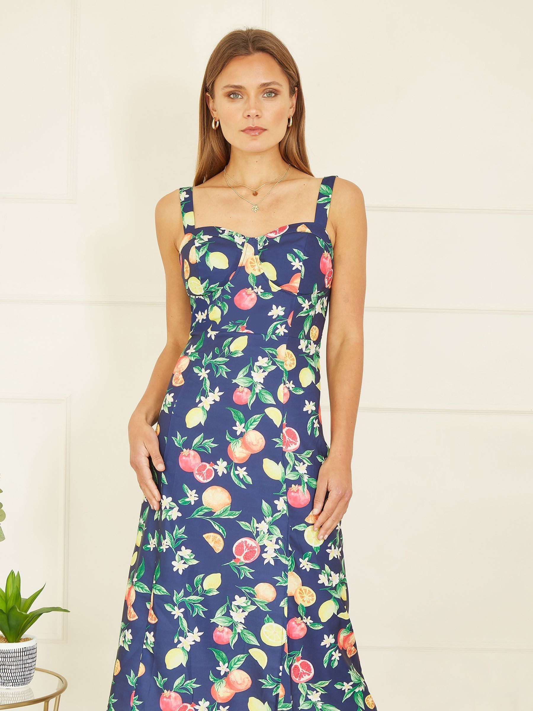 Buy Yumi Blue Fruit Print Strappy Sundress With Front Split from the ...