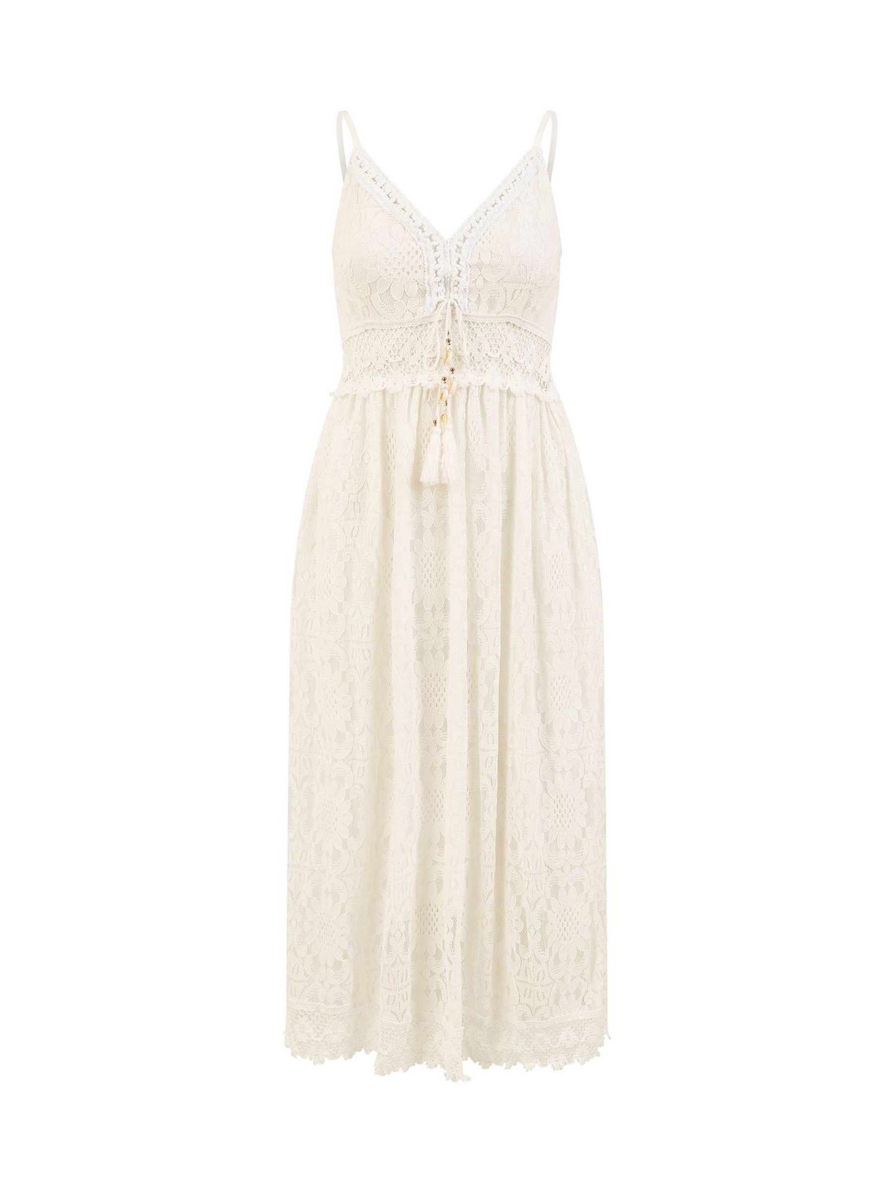Buy Yumi White Lace Midi Sundress With Tassel Tie and Ruched Back from ...