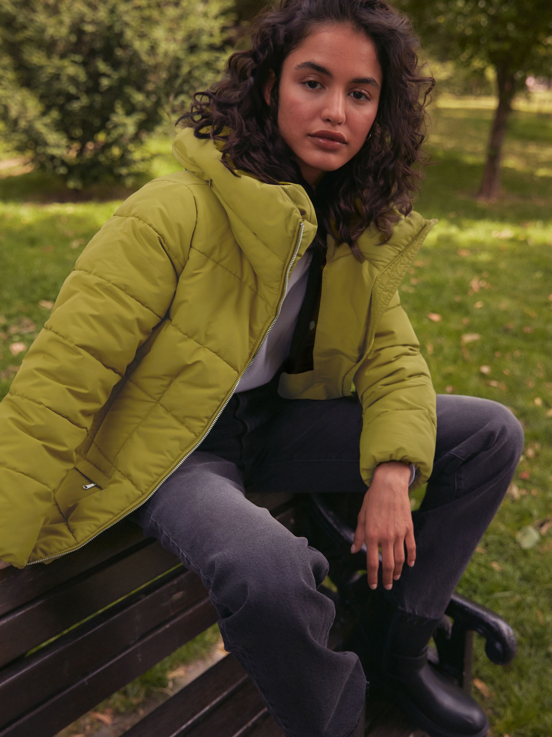 Buy Bright Green Shower Resistant Padded Puffer Hooded Mid Length Coat ...