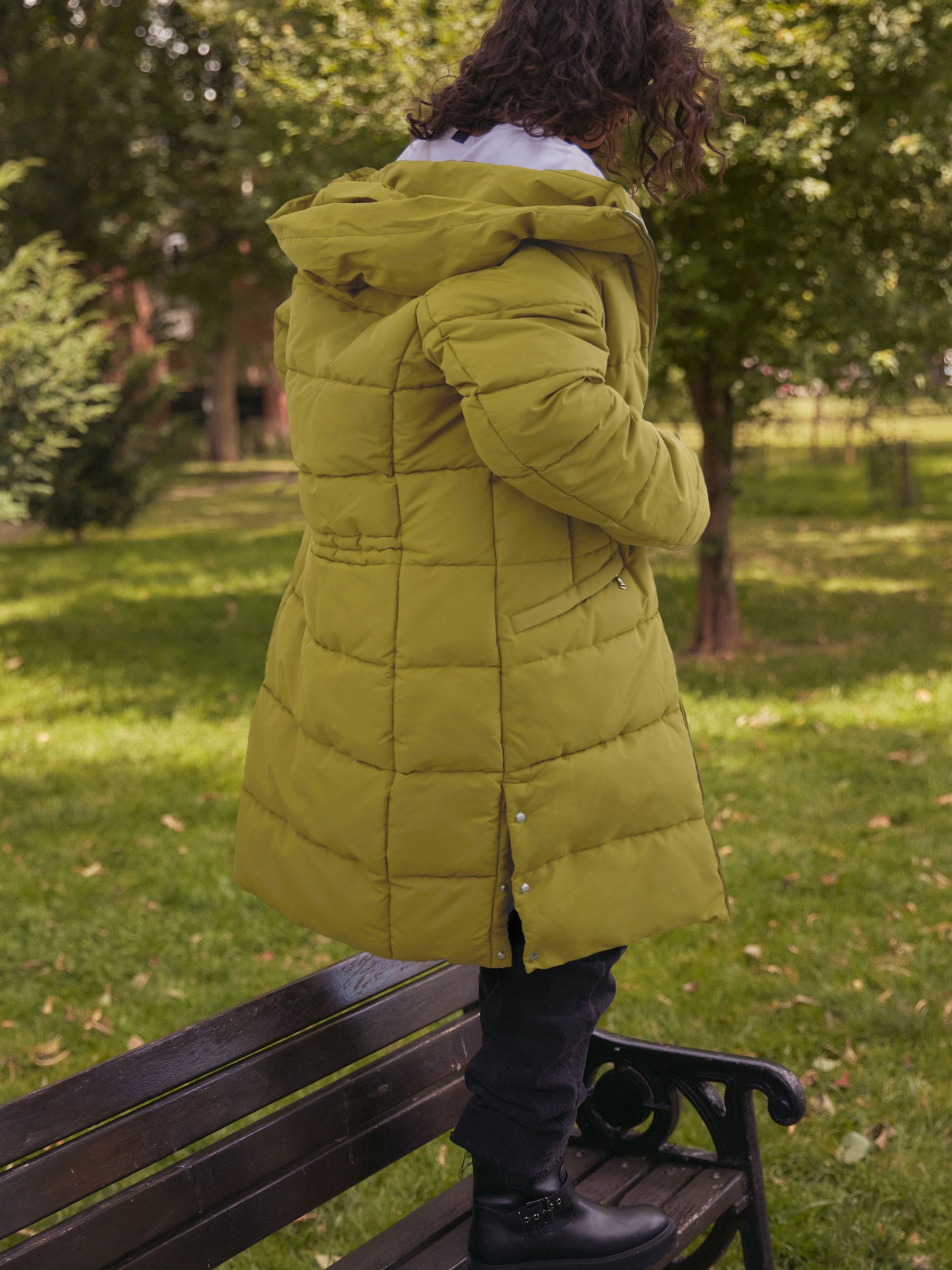 Buy Bright Green Shower Resistant Padded Puffer Hooded Mid Length Coat ...