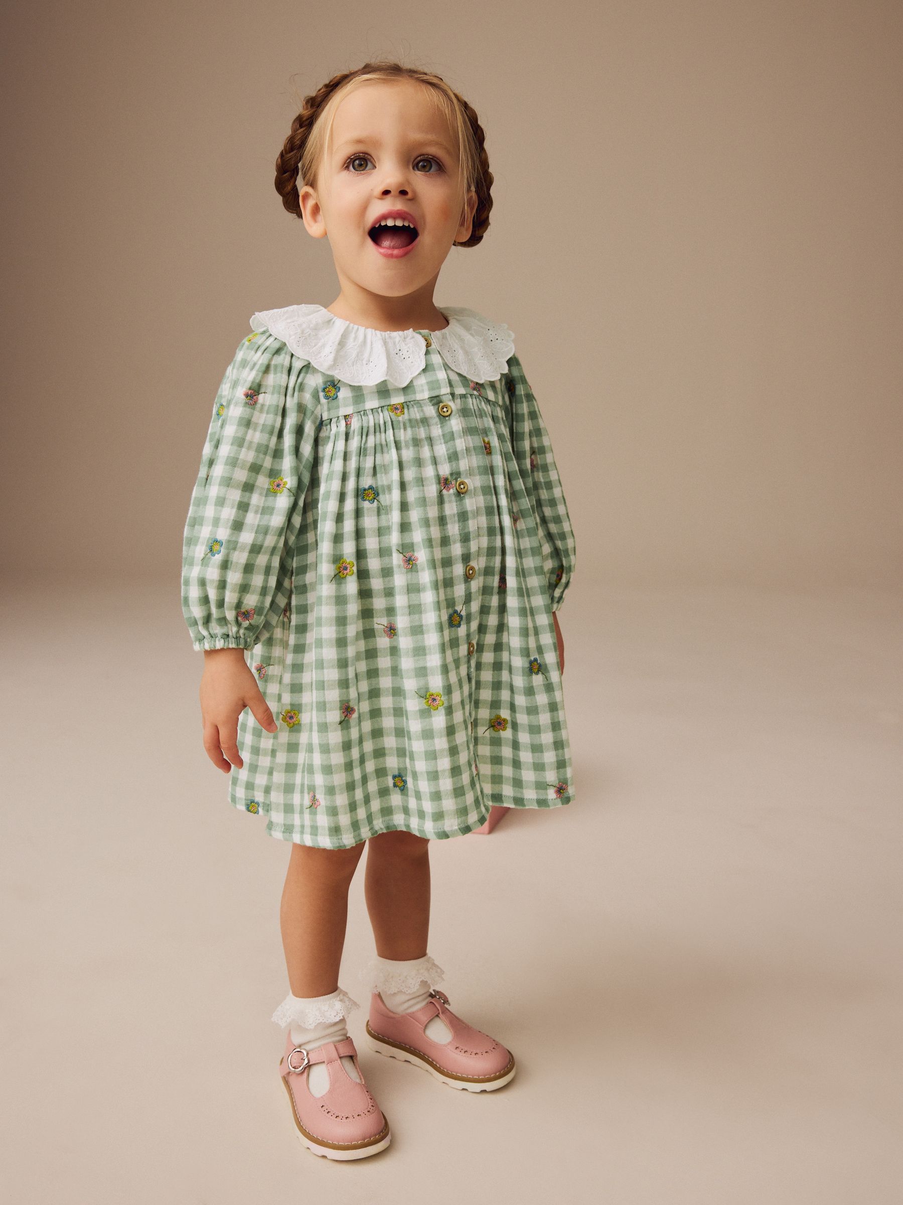 Buy Green Check Embroidered Collar Long Sleeve Dress (3mths-8yrs) from ...