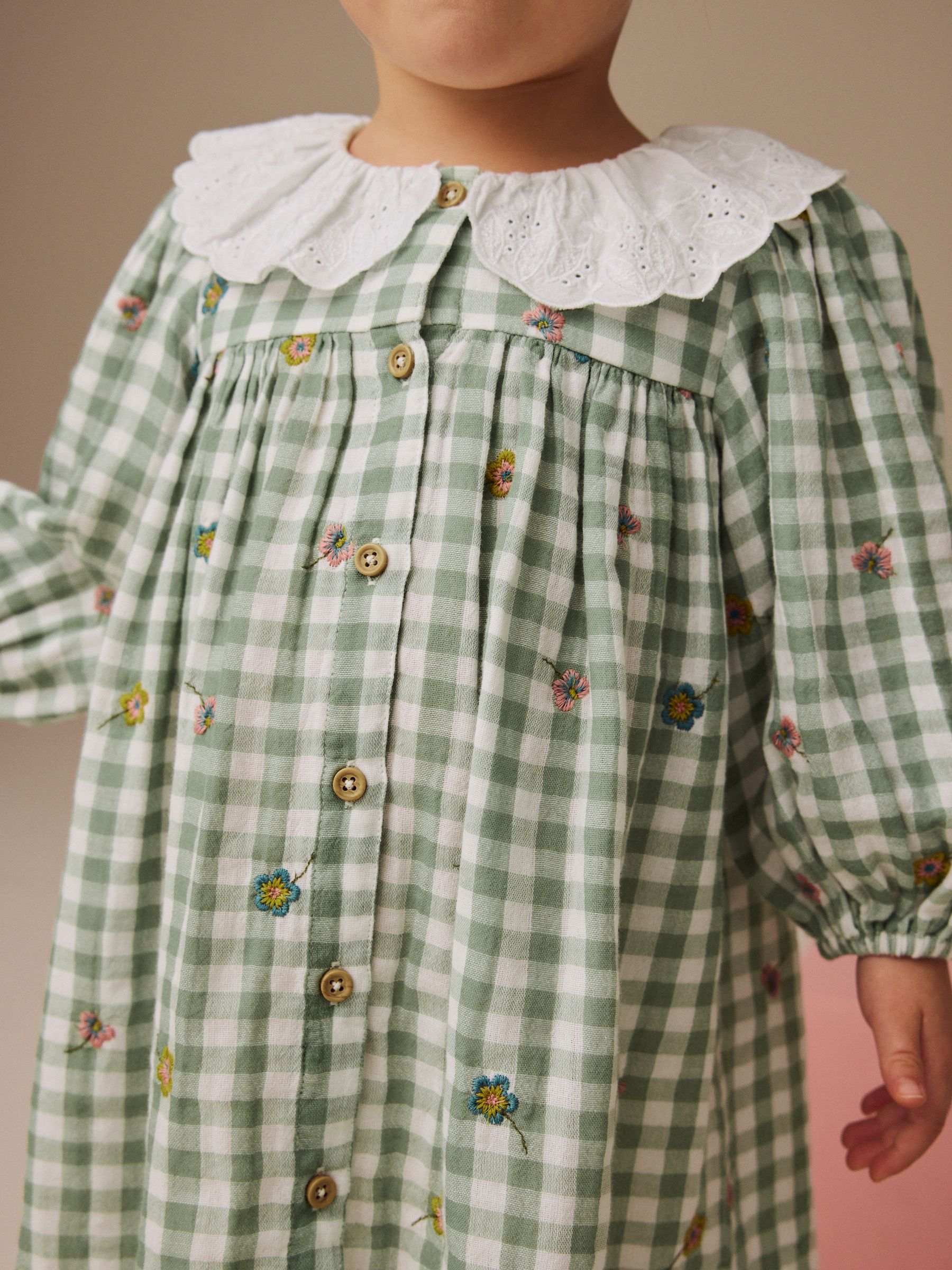 Buy Green Check Embroidered Collar Long Sleeve Dress (3mths-8yrs) from ...