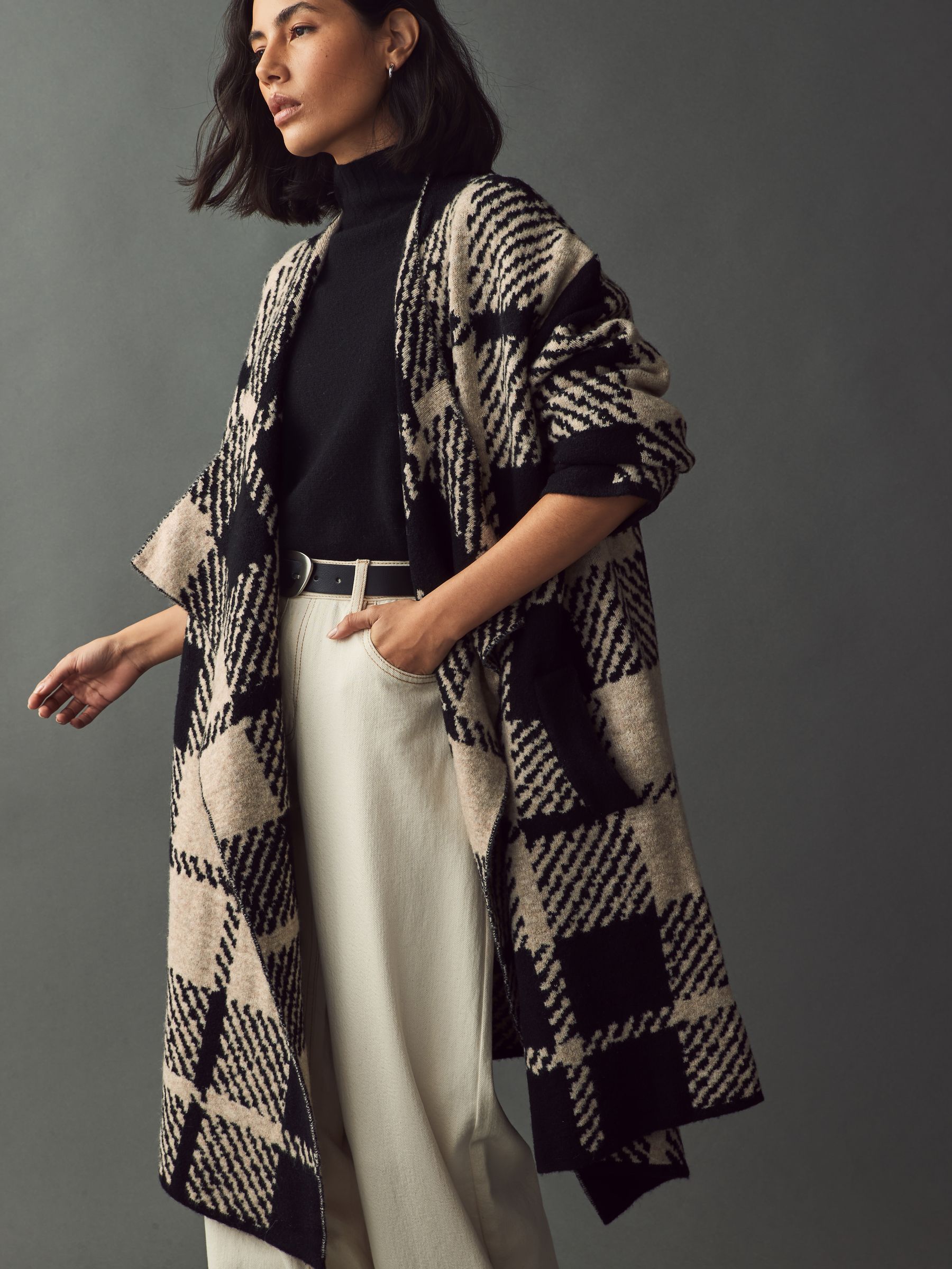 Buy Black & White Soft Touch Waterfall Longline Knitted Cardigan ...