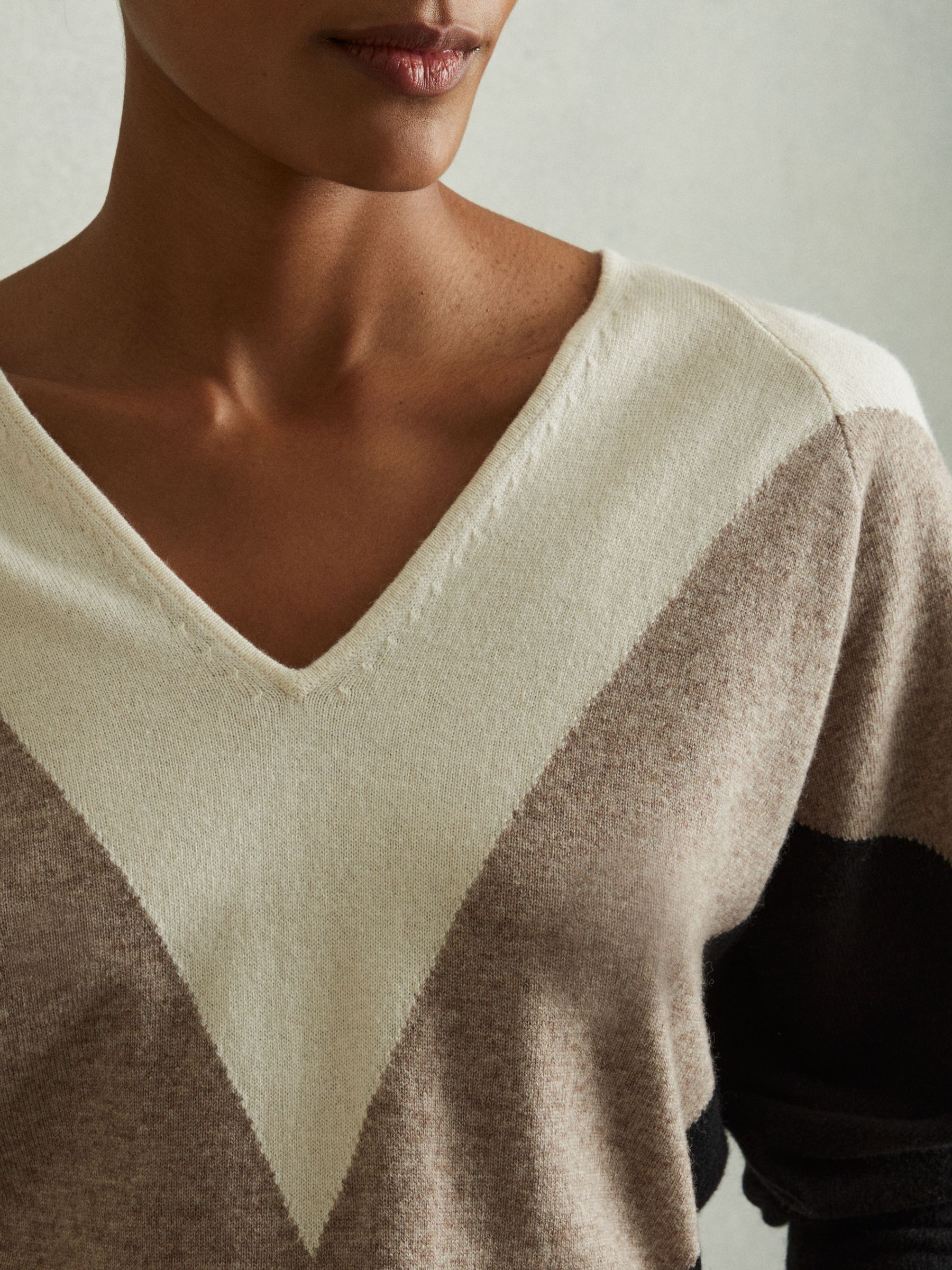 Buy Reiss Neutral/Black Esme Wool Blend Colourblock V-Neck Jumper from ...