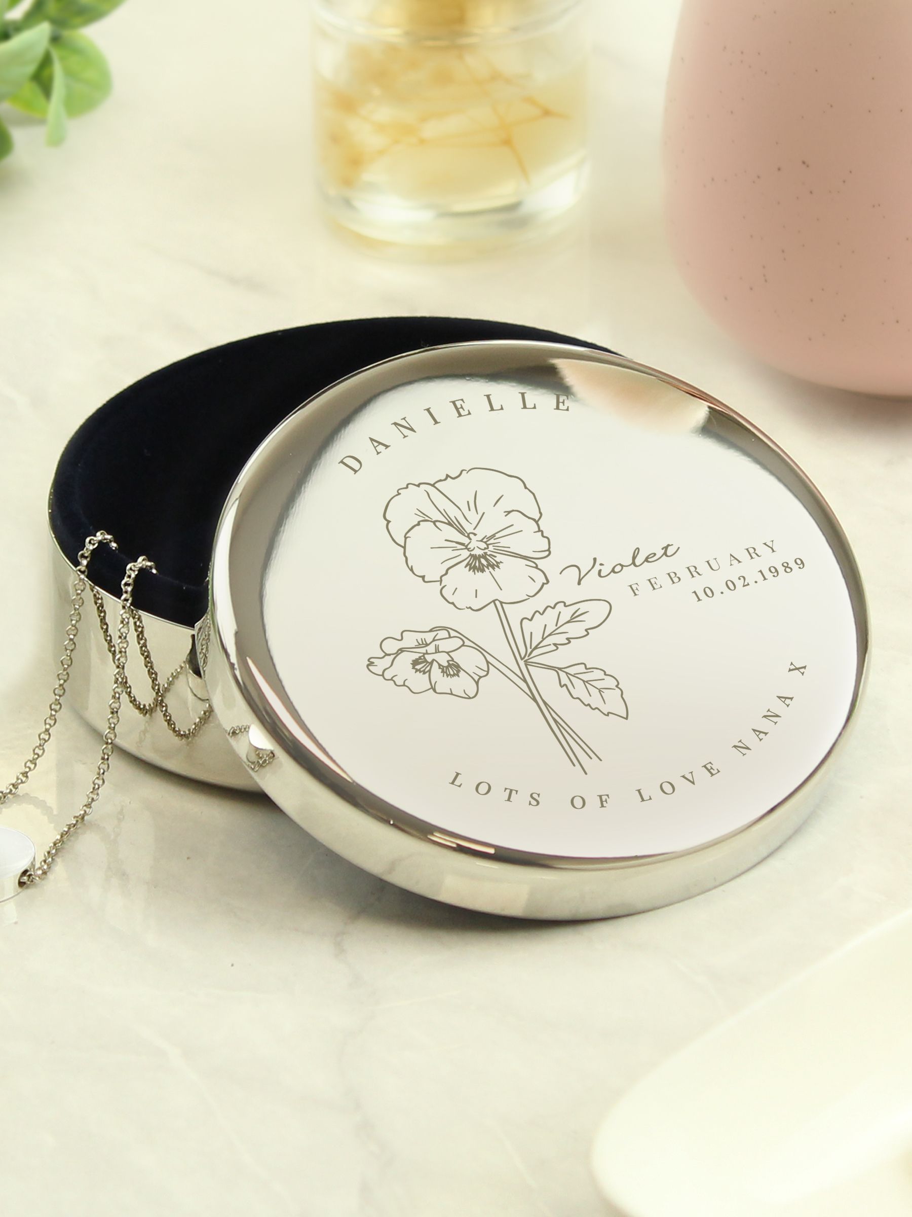 Buy Personalised February Birth Flower Round Trinket Box by PMC from ...
