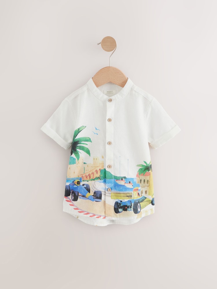 Buy Cream Border Monaco Short Sleeves Grandad Collar Printed Shirt ...