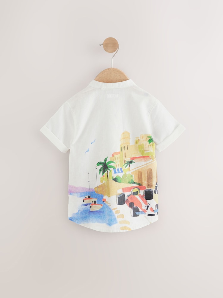 Buy Cream Border Monaco Short Sleeves Grandad Collar Printed Shirt ...