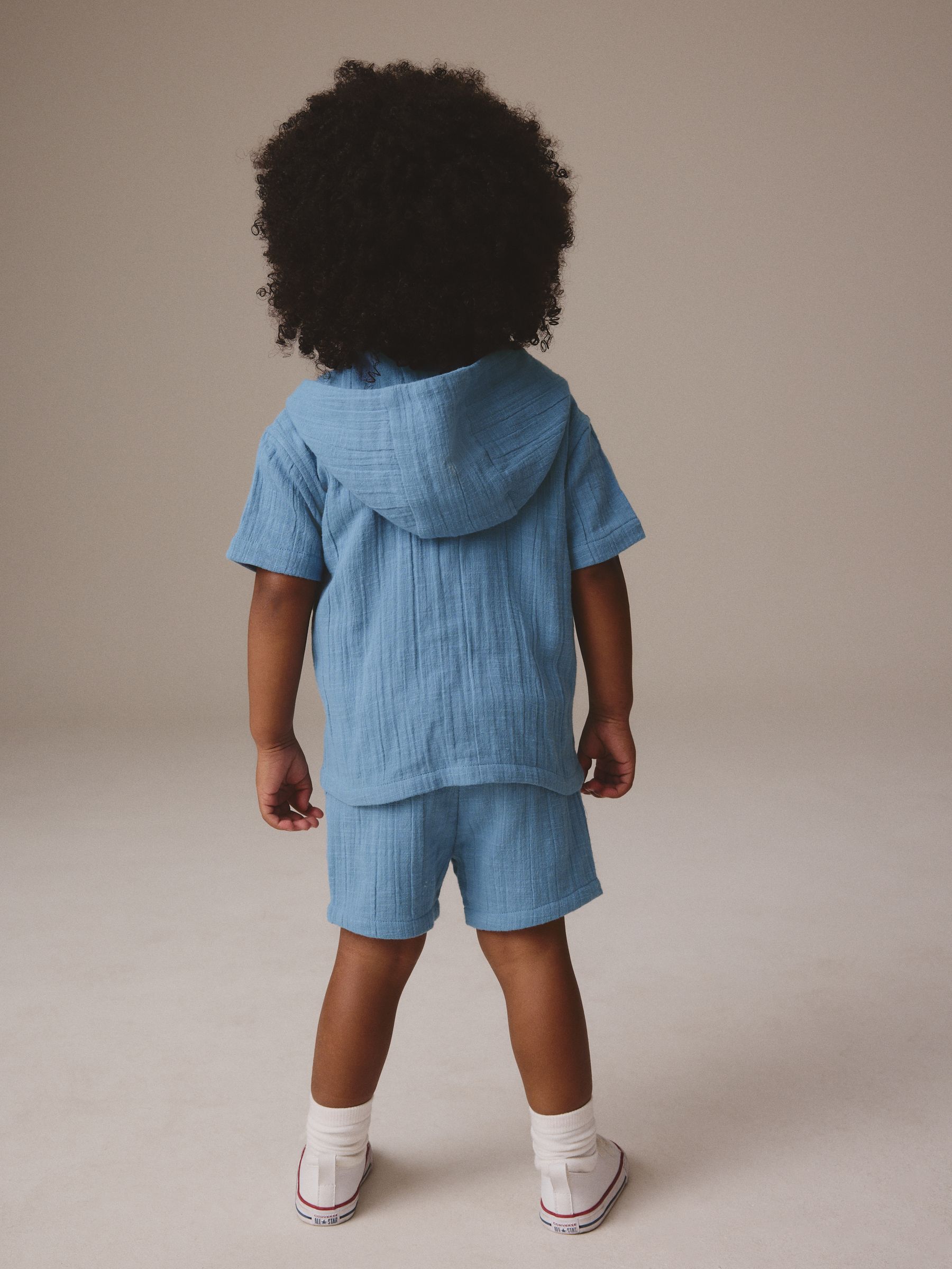 Buy Blue 100% Cotton Short Sleeve Texture Hooded Shirt and Shorts Set ...