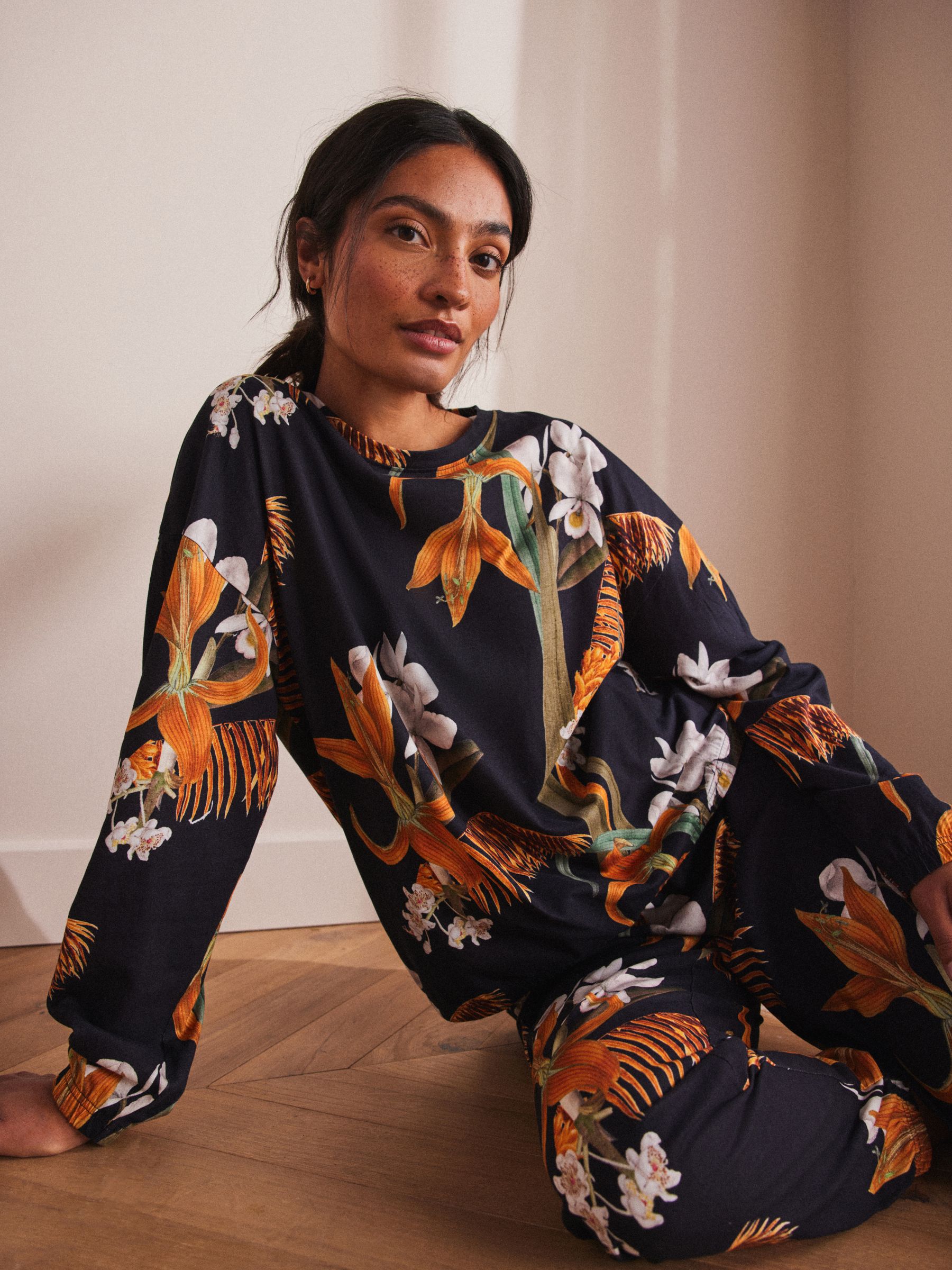 Buy Black/Orange Floral Kew Collection 100% Cotton Long Sleeve Pyjamas ...